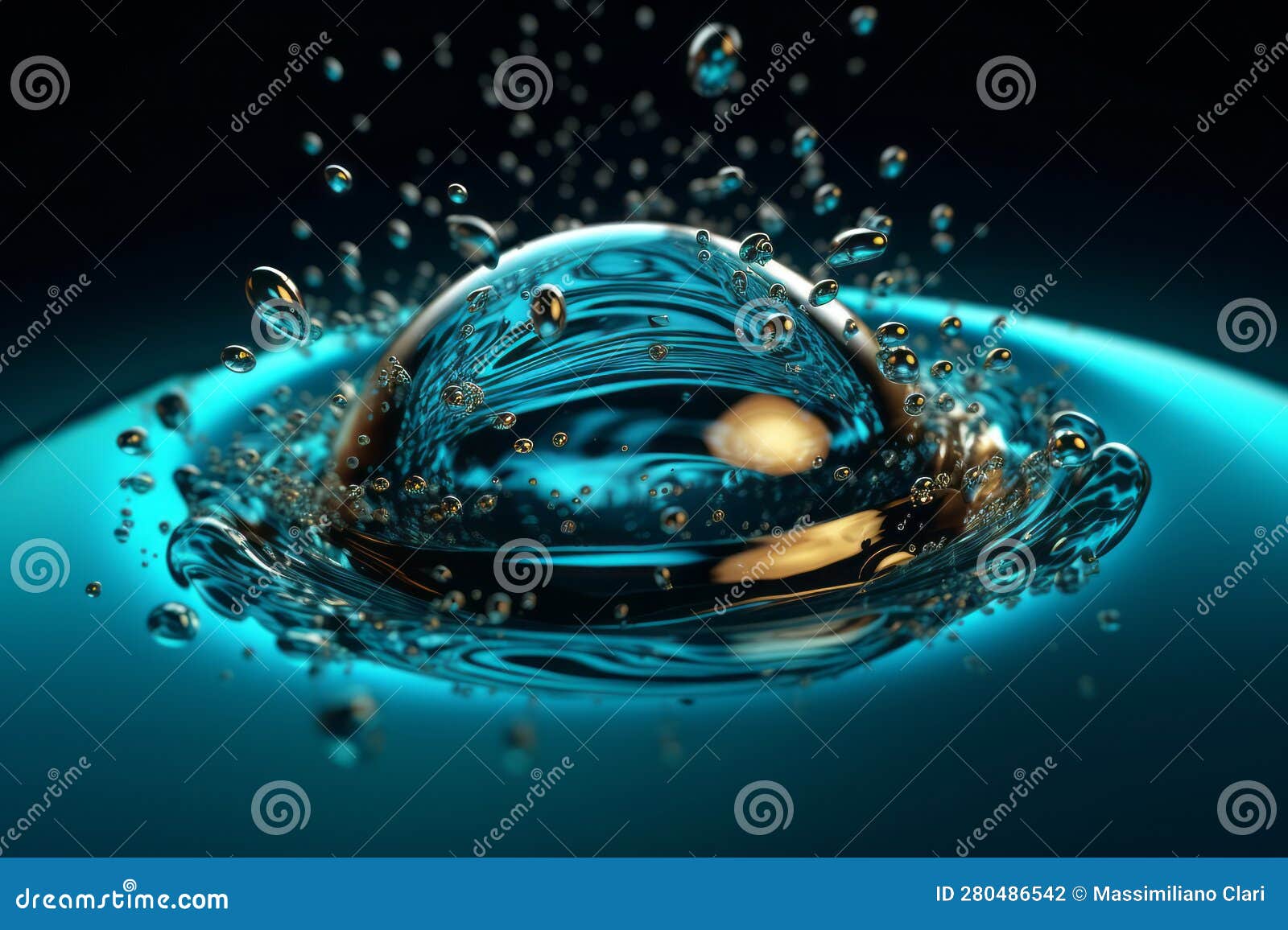 Liquid Drop Splash. Macro 3D Rendering of Water Droplet Creating a ...