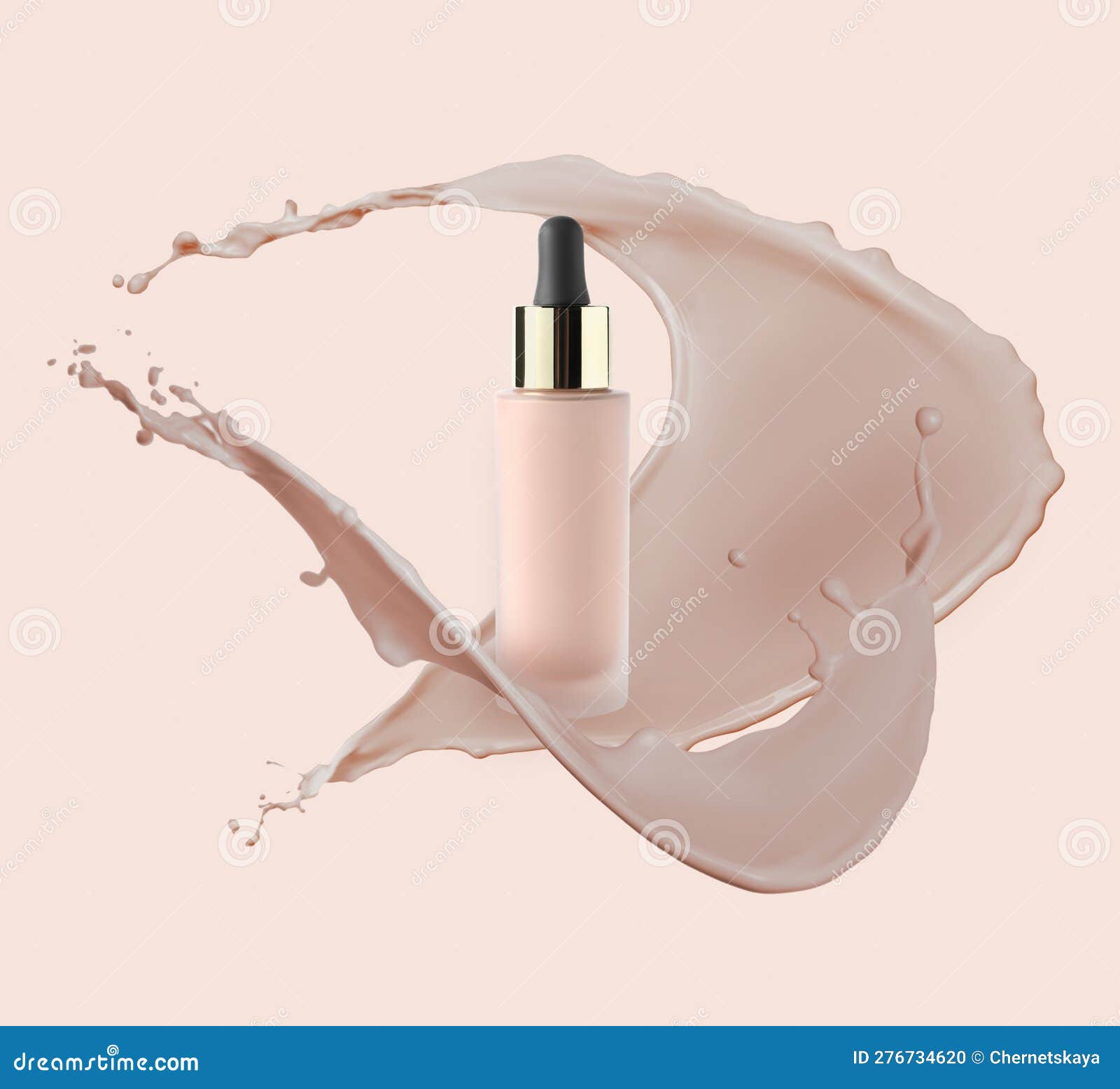 Liquid Foundation in Bottle and Splashes of Makeup Product on Beige ...
