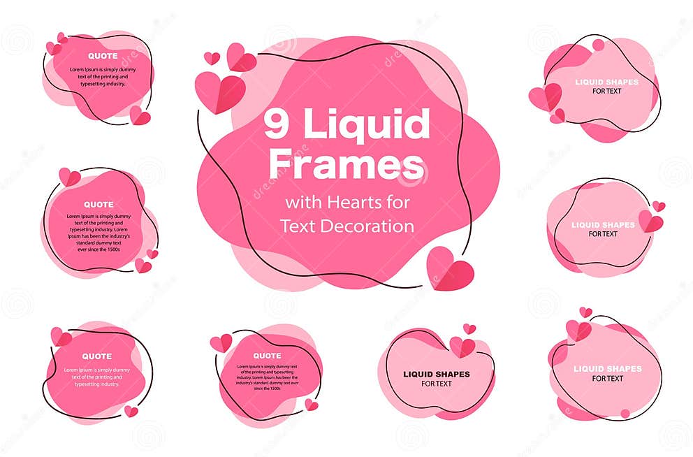 Liquid Geometric Frames with Hearts for Text in Pink Design, Set Modern ...