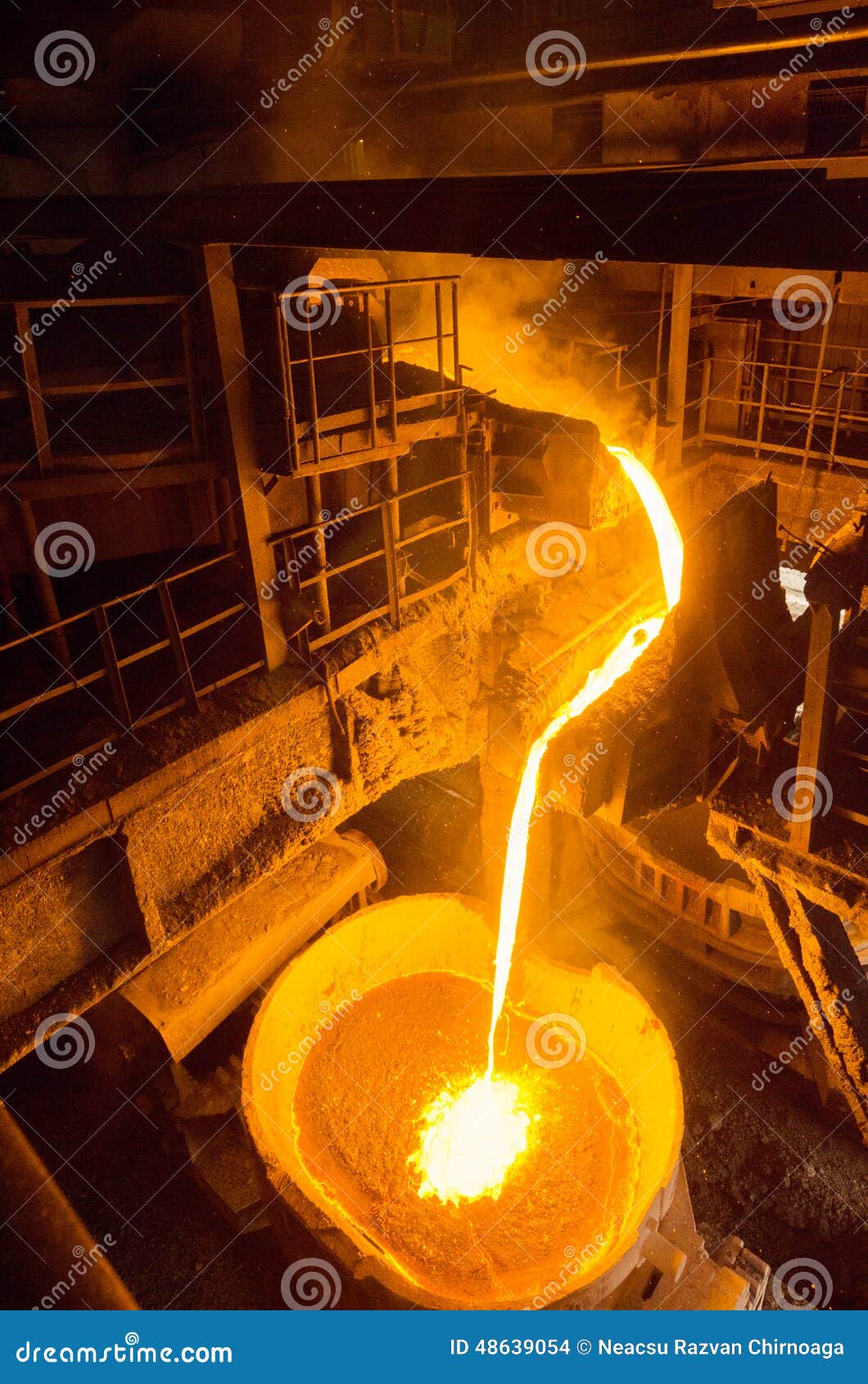 Liquid Iron Flowing In Steelworks. Industrial Details Of Metallurgic ...