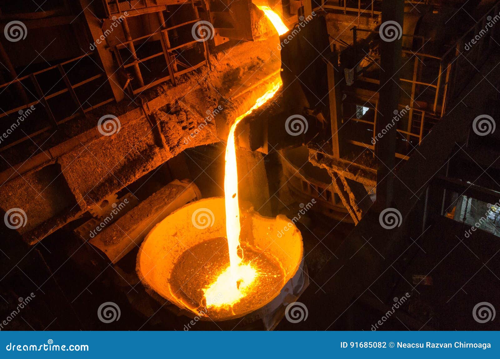 Liquid Iron Flowing In Steelworks. Industrial Details Of Metallurgic ...