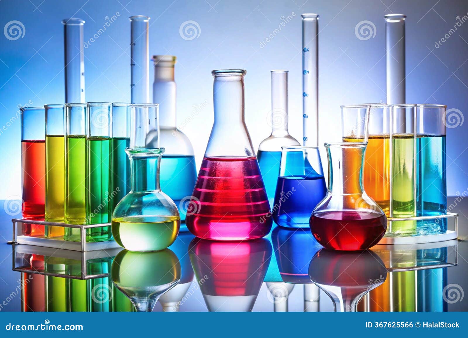 Liquid In Laboratory Glassware. Different Colored Liquids In Assorted ...