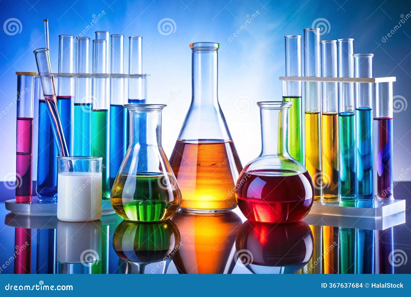 Liquid In Laboratory Glassware. Different Colored Liquids In Assorted ...