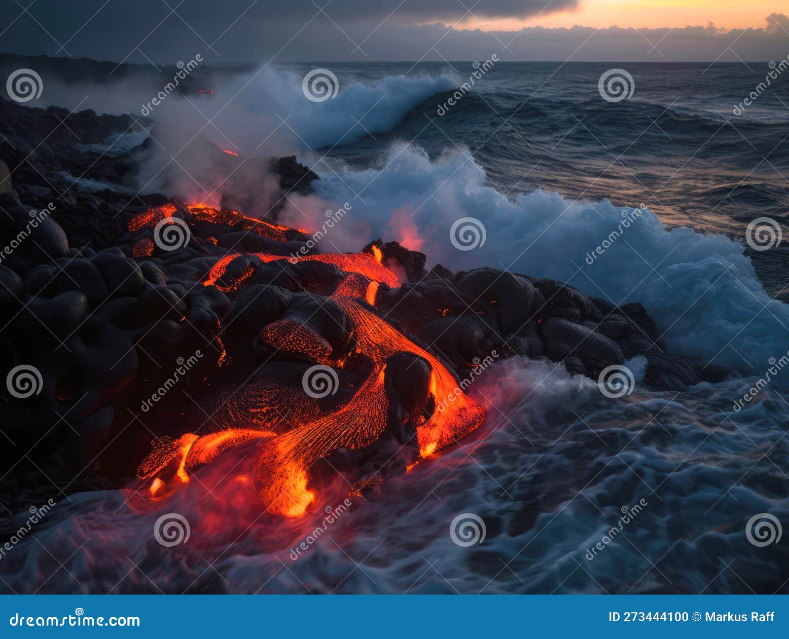 Liquid Lava Stream from Volcanic Eruption Flows into the Sea Stock de ...