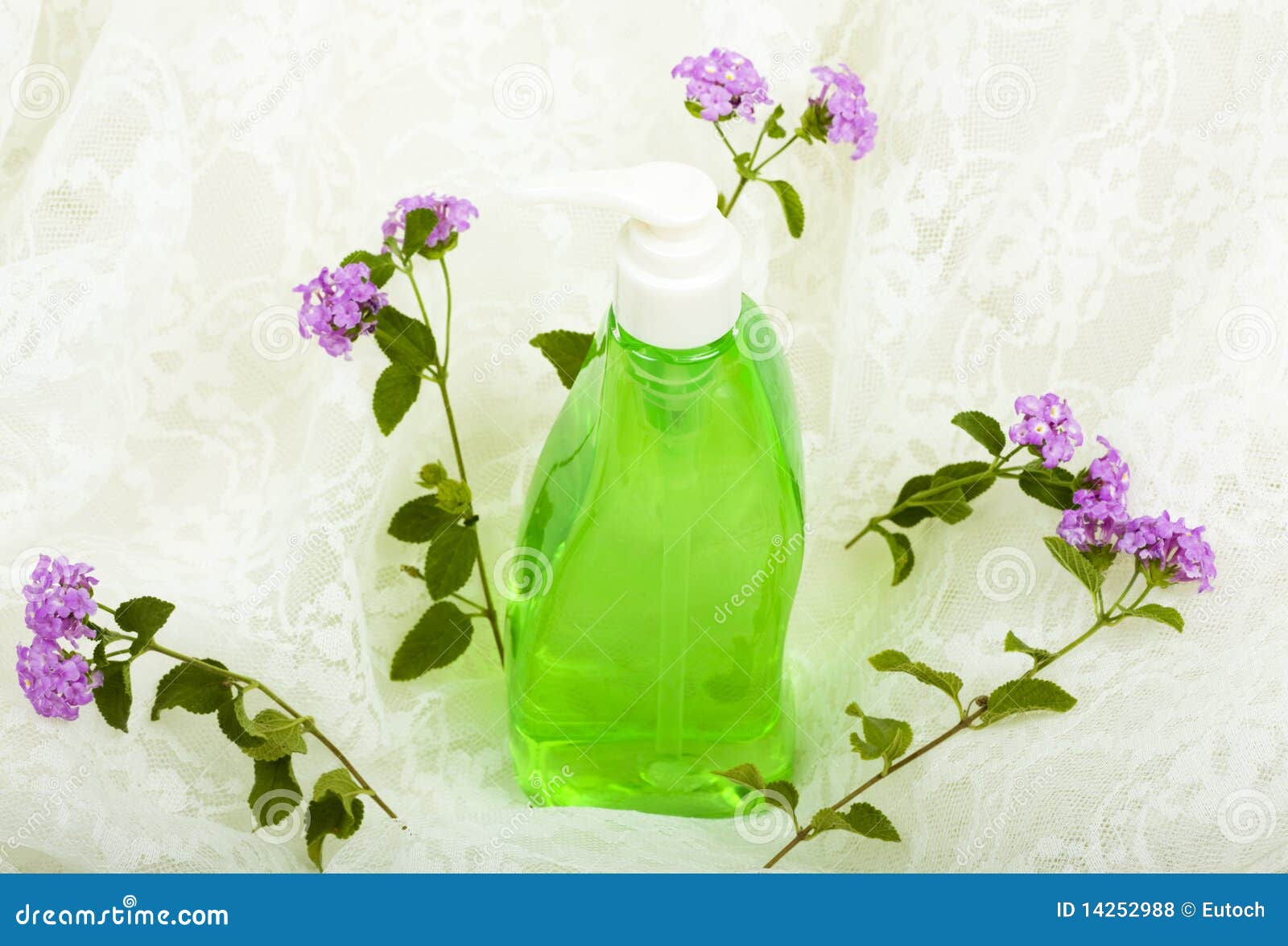 Liquid Soap and Flowers on White Lace Stock Photo - Image of hygiene ...