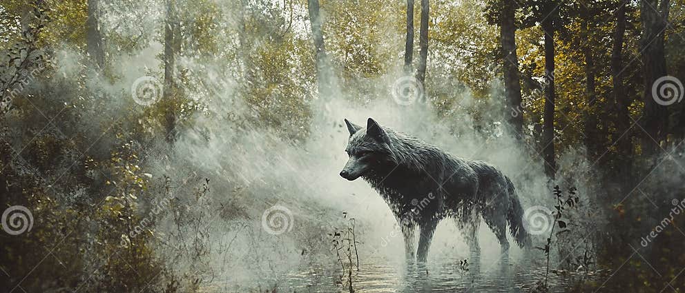 Liquid Wolf Dissolving into Mist in an Abstract Setting Stock ...