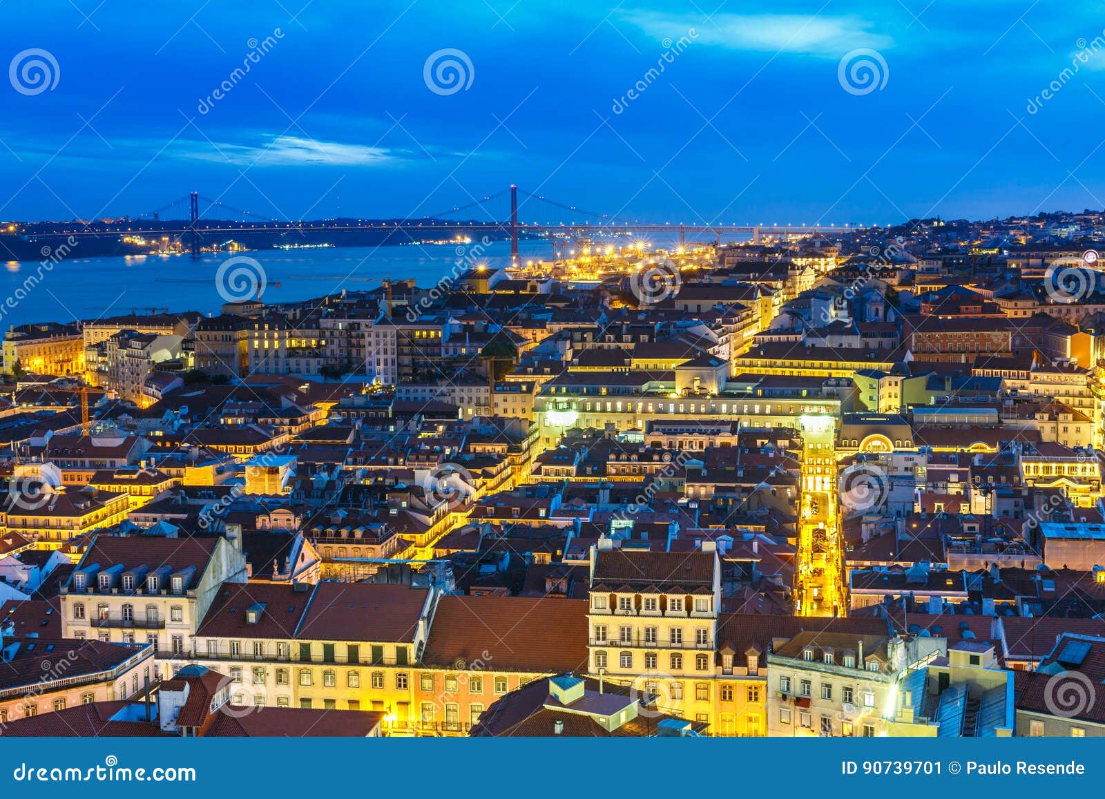 Lisbon by night stock image. Image of illuminated, evening - 90739701