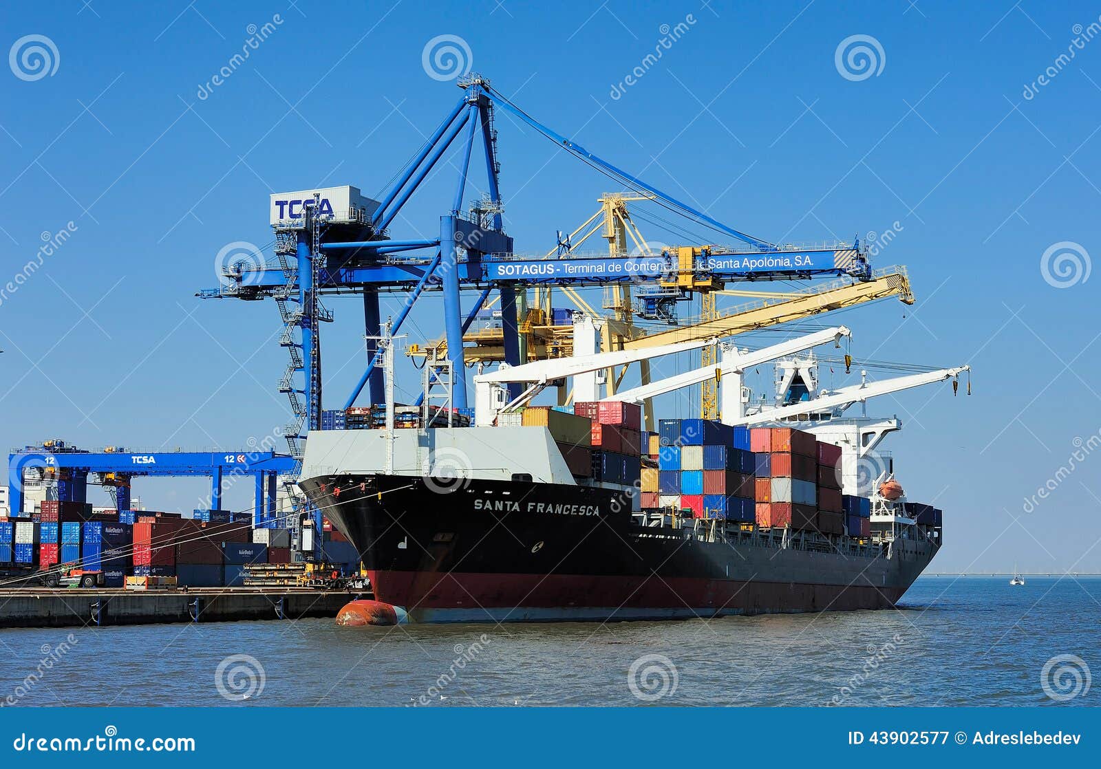 Lisbon Portugal Container Ship On Loading Terminal Editorial