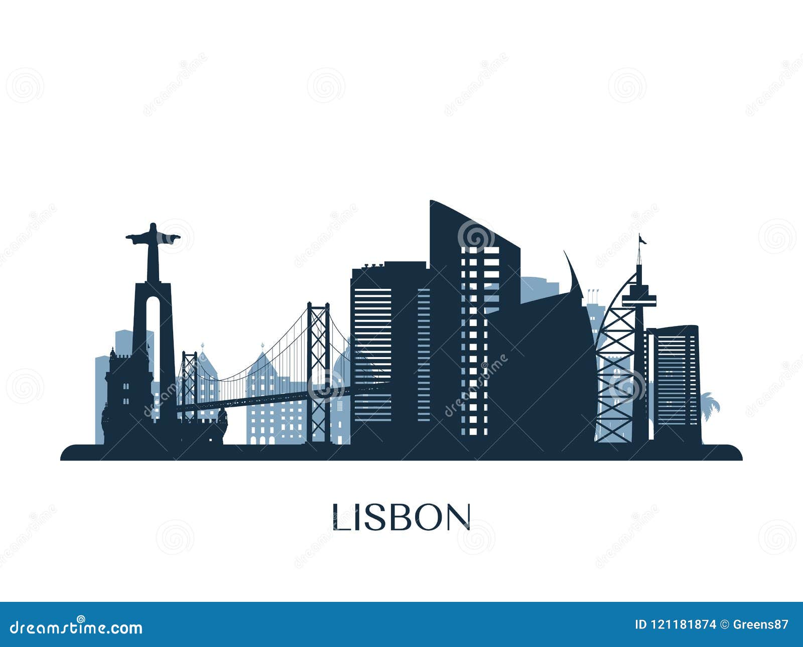 Lisbon Skyline, Monochrome Silhouette. Stock Vector - Illustration of ...