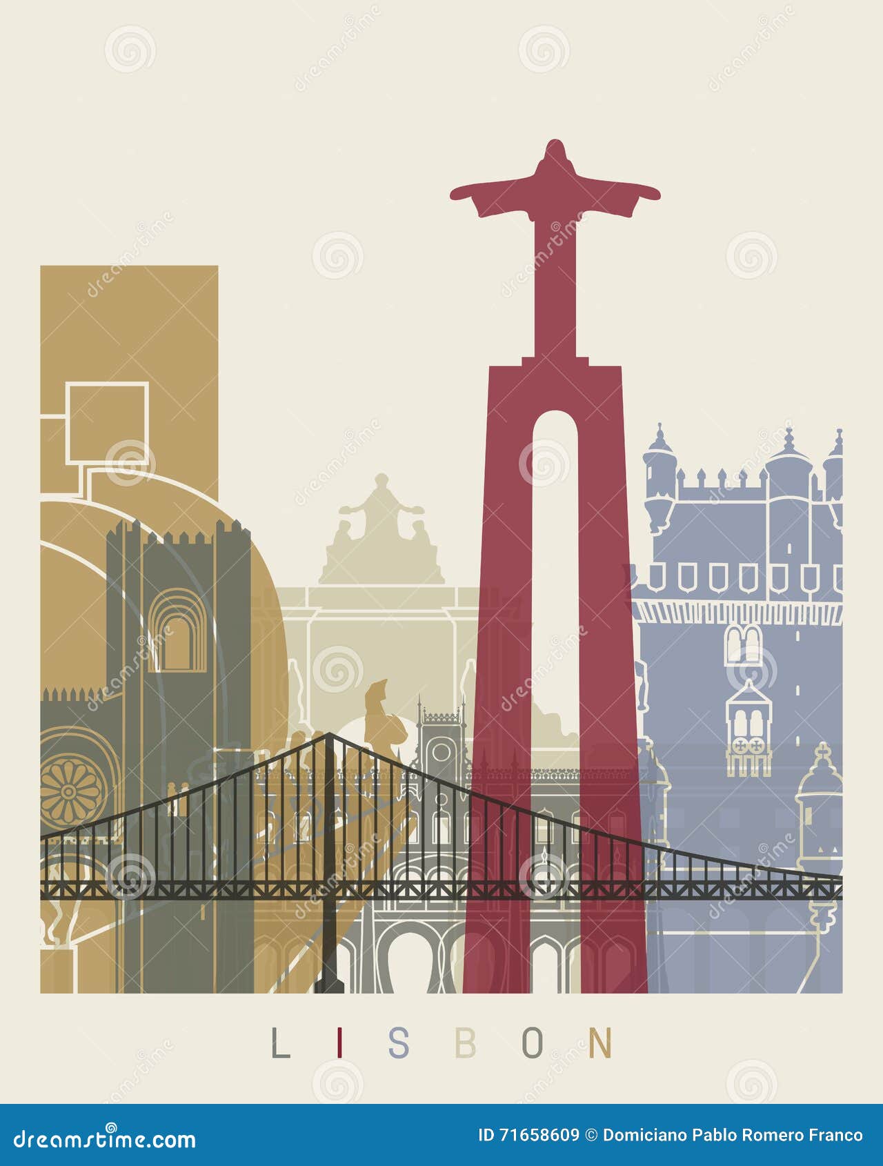 Lisbon skyline poster stock vector. Illustration of landmark - 71658609