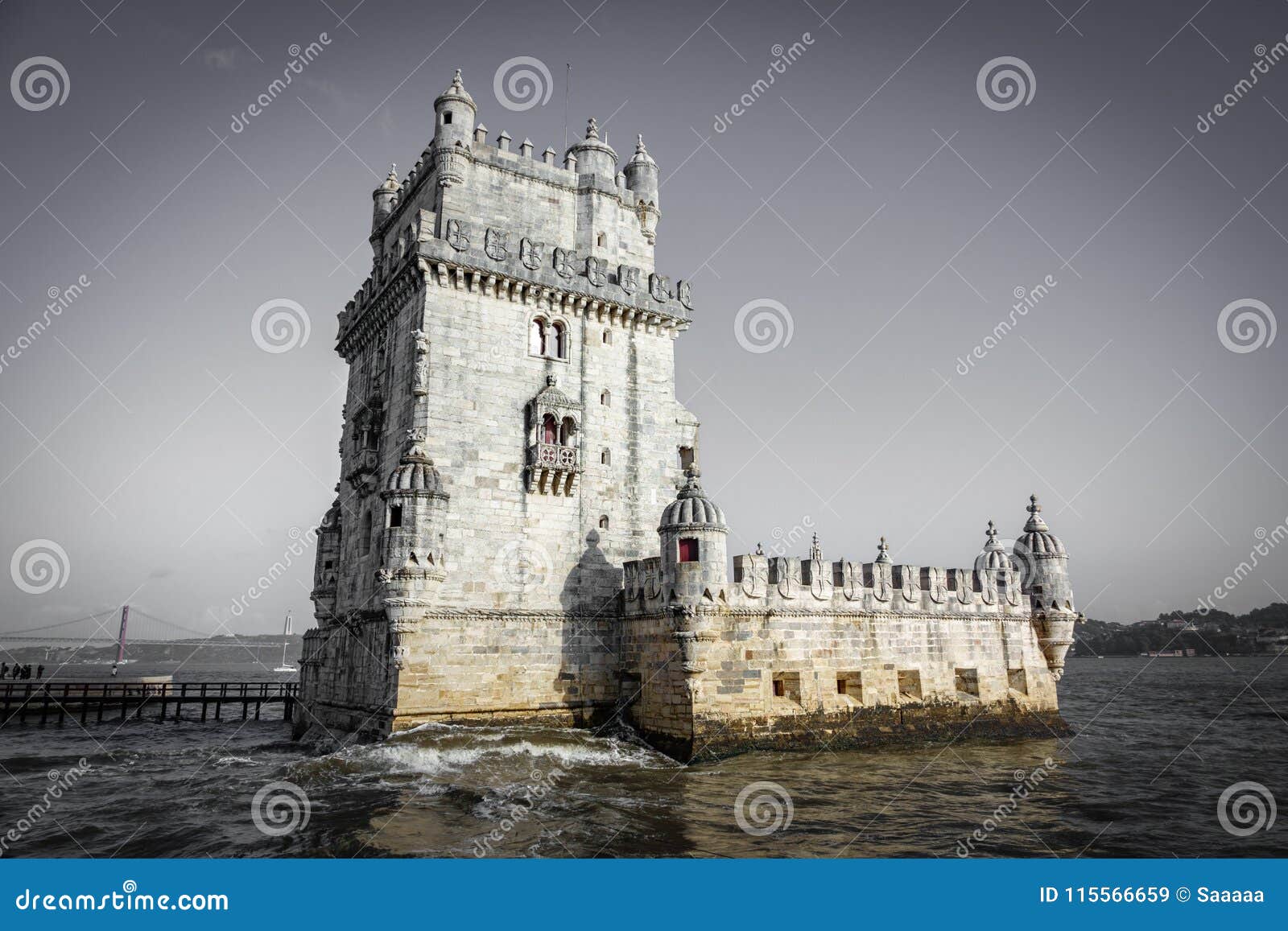 Lisbon Torre De Belem Against Gray Sky, High Tide Stock Image - Image ...