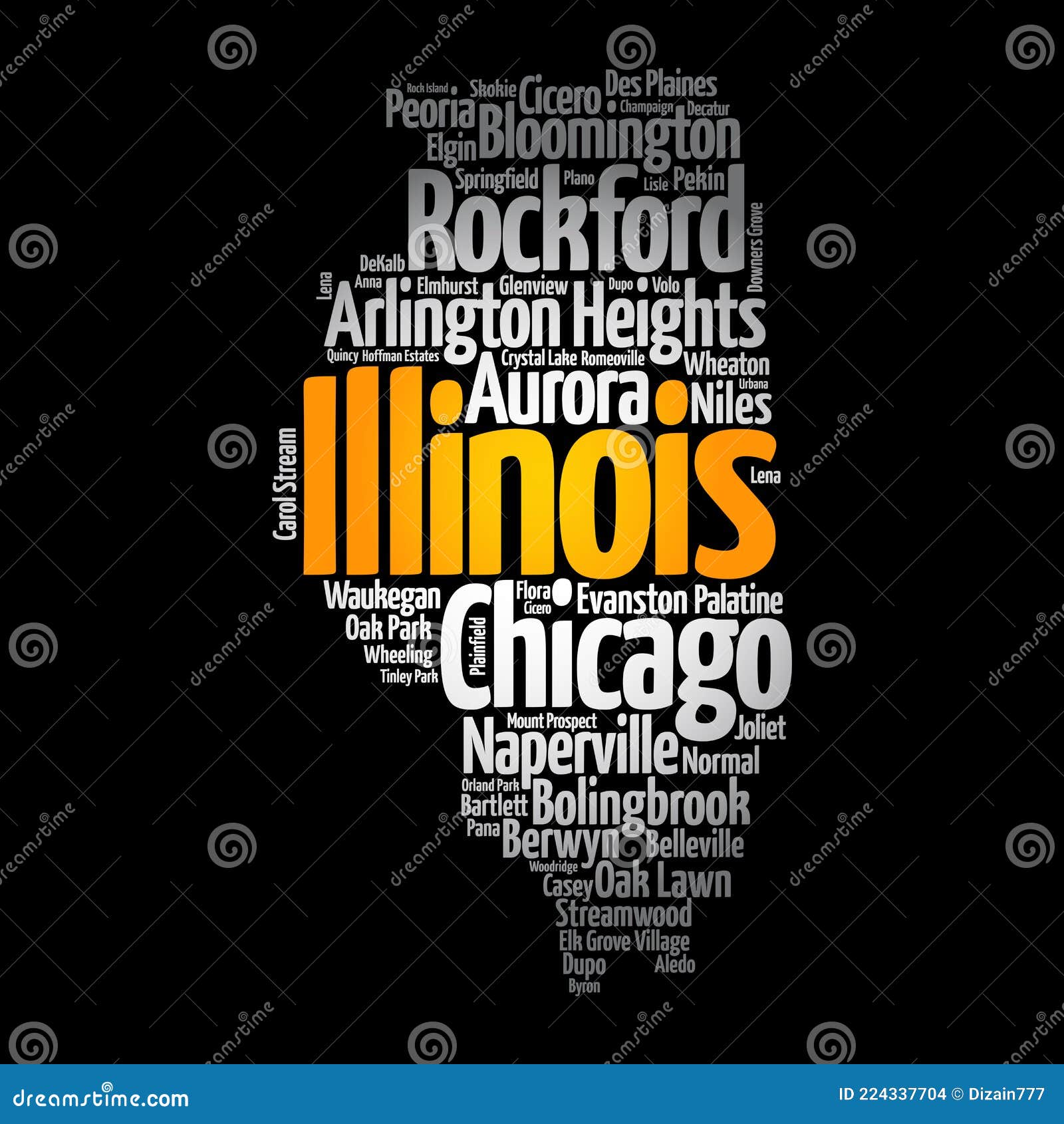 List Of Cities In Illinois USA State, Map Silhouette Word Cloud Map ...