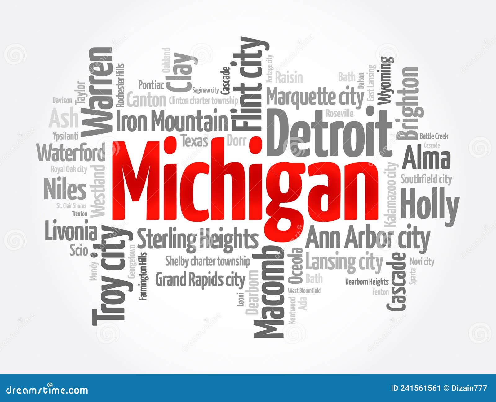 List of Cities in Michigan USA State, Word Cloud Concept Background ...