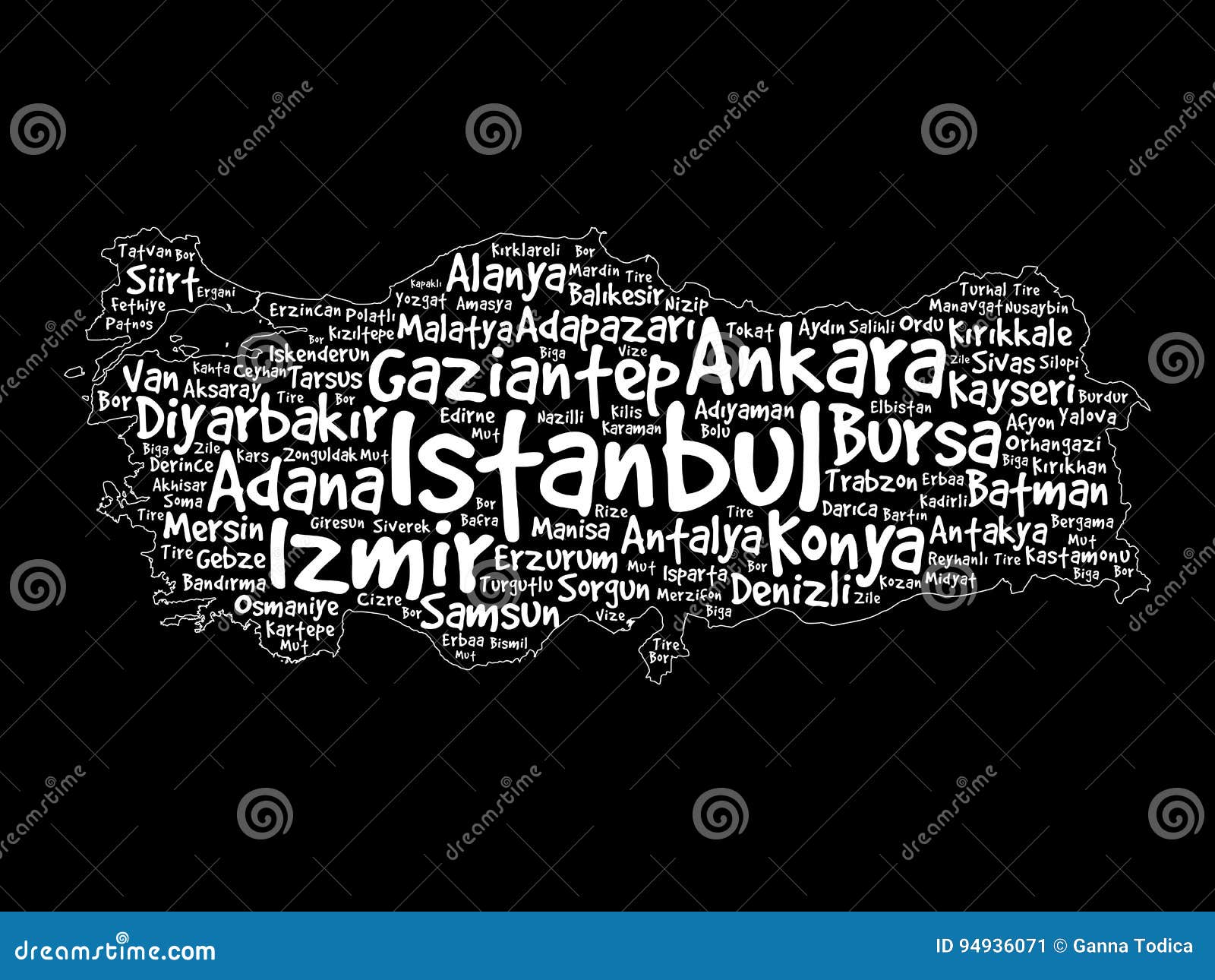 List of Cities in Turkey Word Cloud Map Stock Illustration ...
