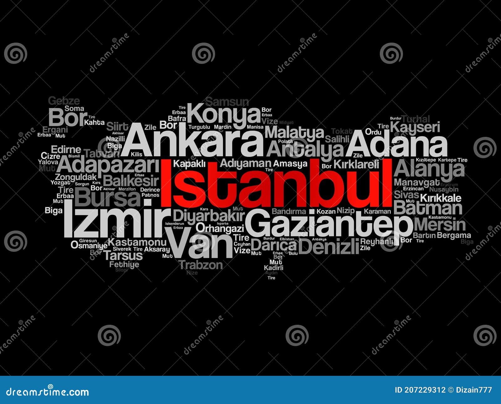 List of Cities in Turkey Word Cloud Map Stock Illustration ...