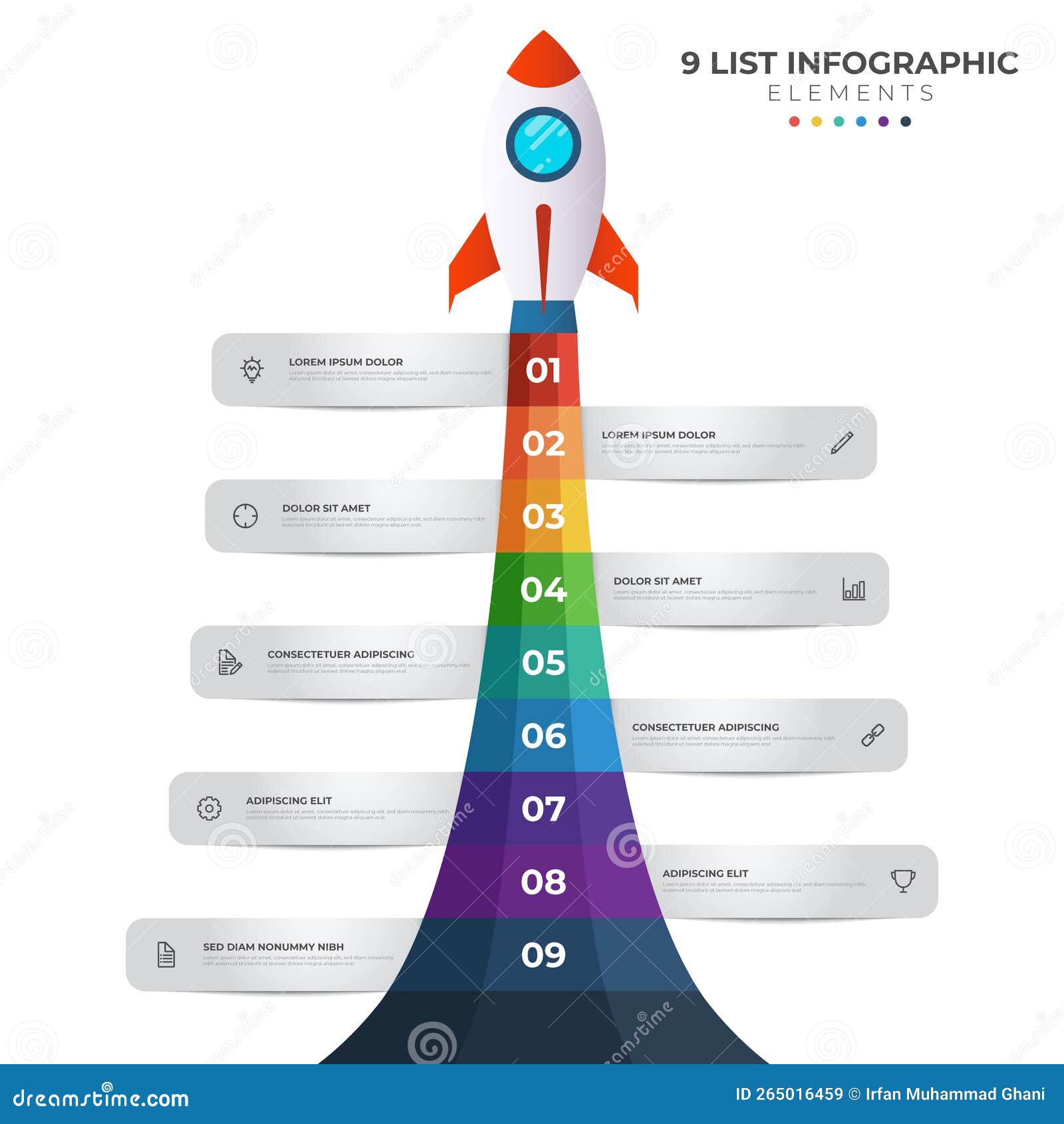 List Diagram with 9 Number Points of Step, Sequence, Colorful Rocket ...