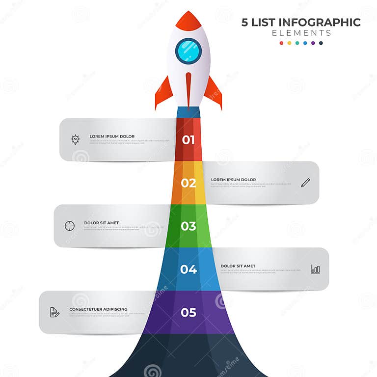 List Diagram with 5 Number Points of Step, Sequence, Colorful Rocket ...