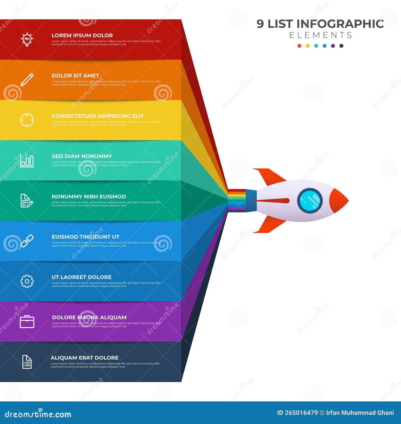 List Diagram with 9 Points of Steps, Sequence, Colorful Rocket Launch ...