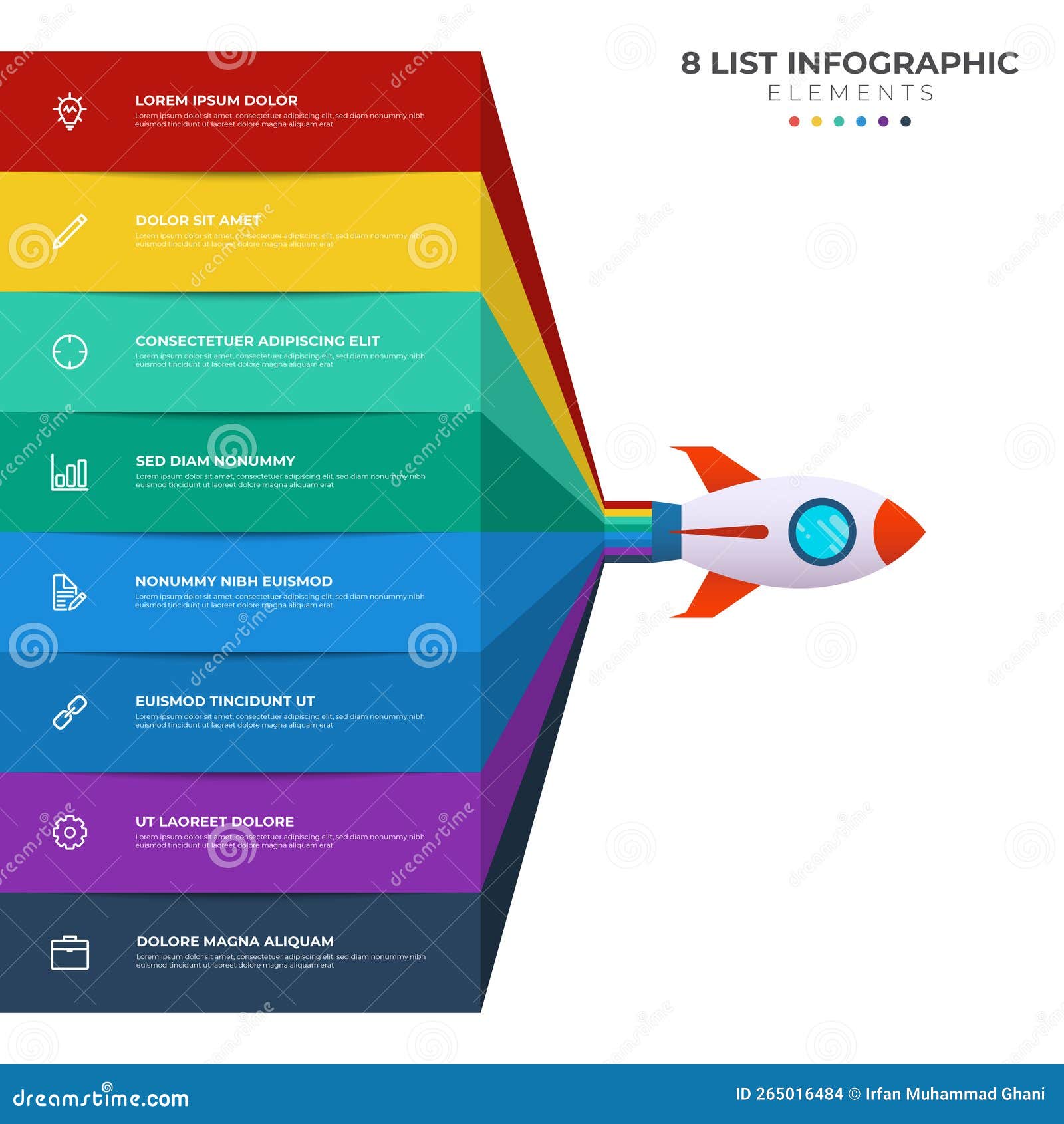 List Diagram with 8 Points of Steps, Sequence, Colorful Rocket Launch ...