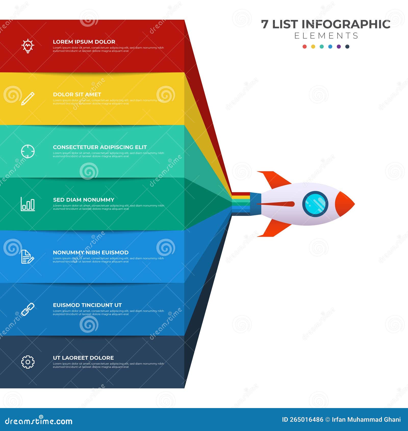 List Diagram with 7 Points of Steps, Sequence, Colorful Rocket Launch ...