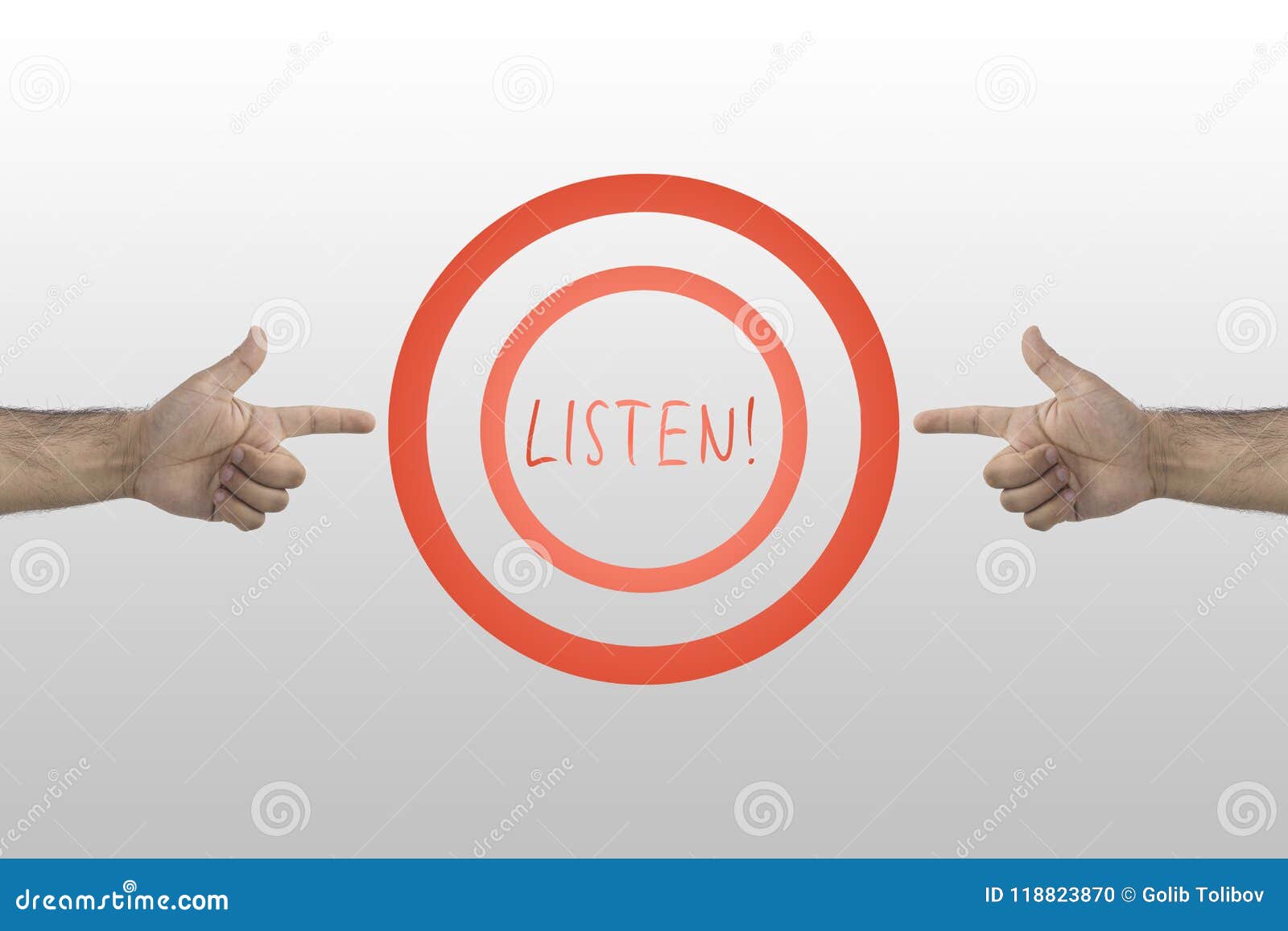 Listen Command in the Center of Two Circles. Two Hands Pointing To ...