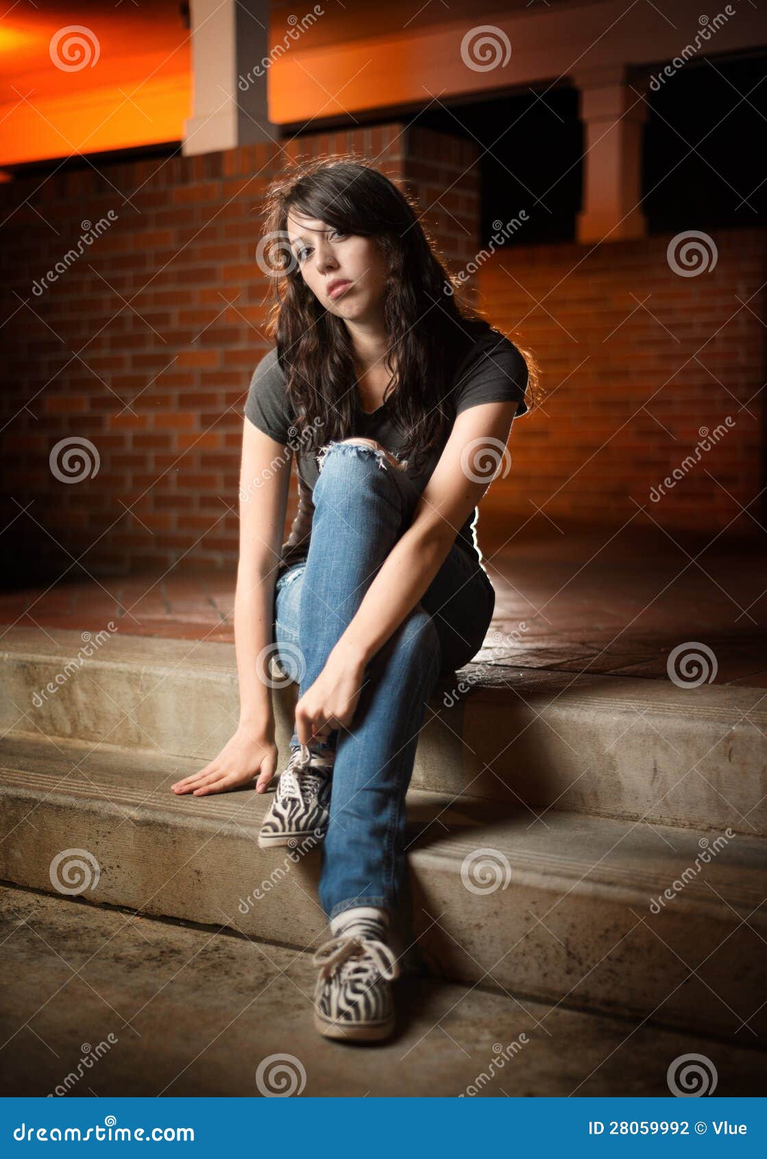 Listless girl sitting stock photo. Image of stair, night - 28059992