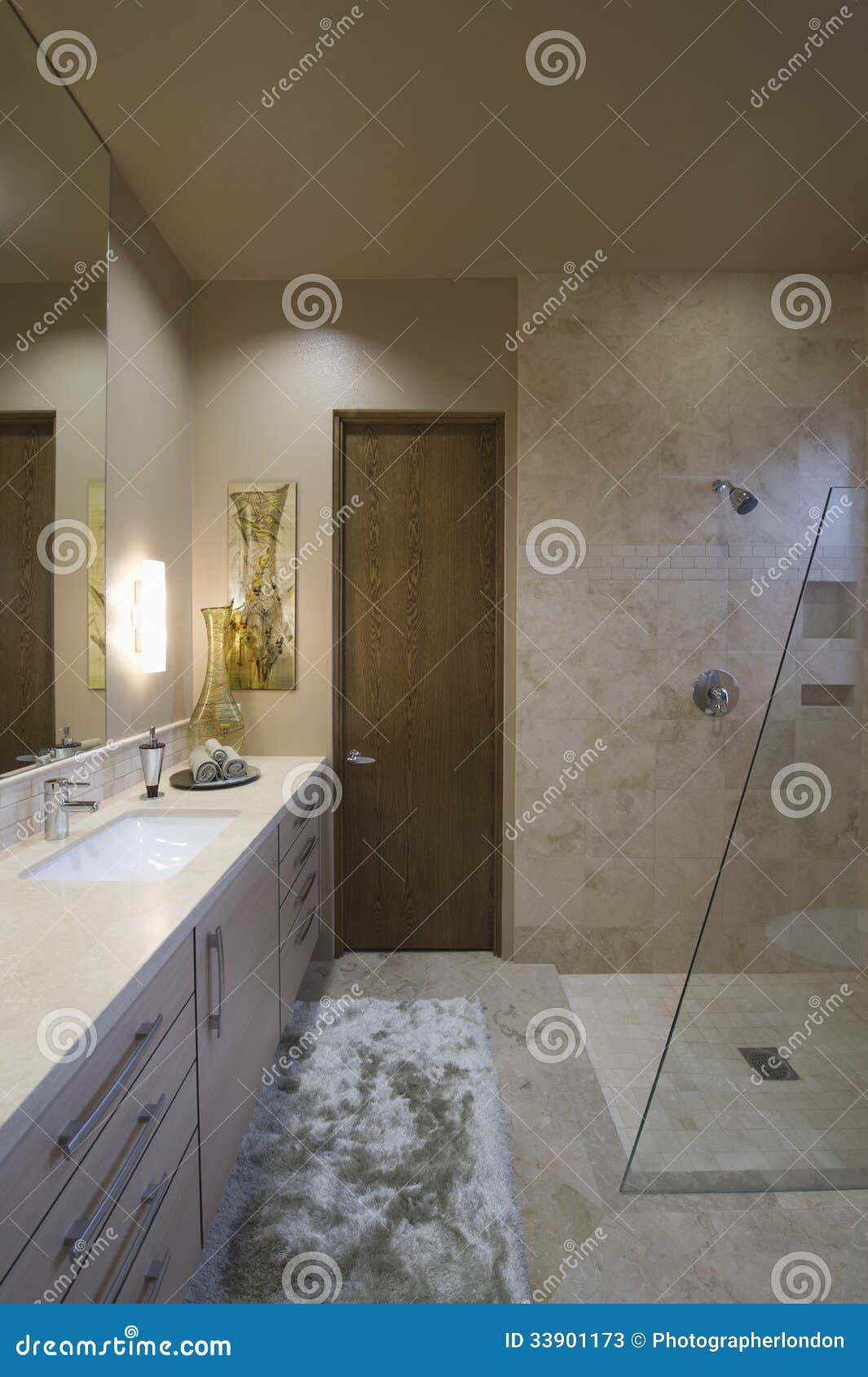 Lit Bathroom with Shower at Home Stock Image - Image of american ...