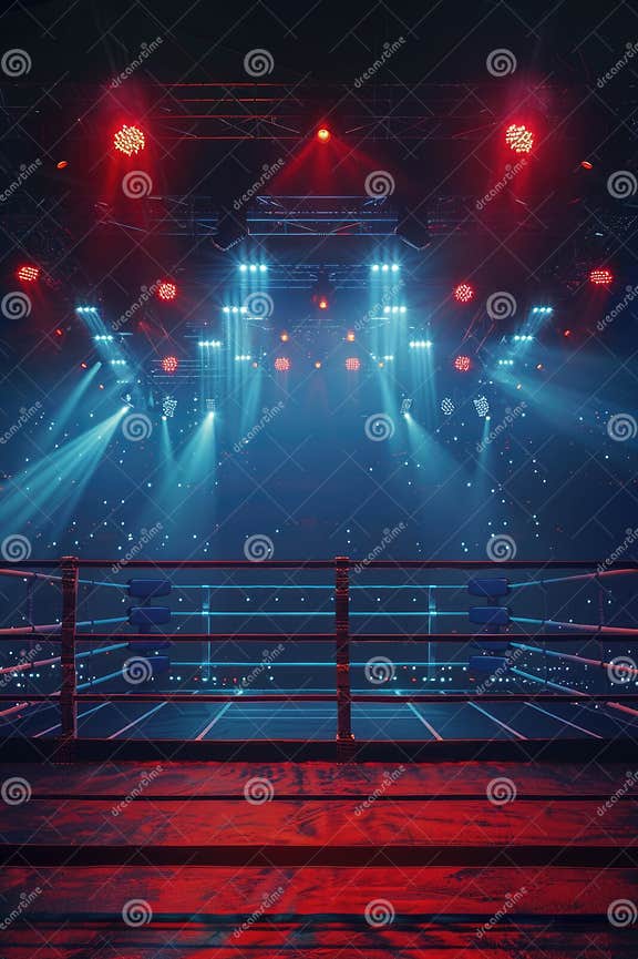 A Lit Boxing Ring with Red and Blue Lights, Ready for a Match Stock ...