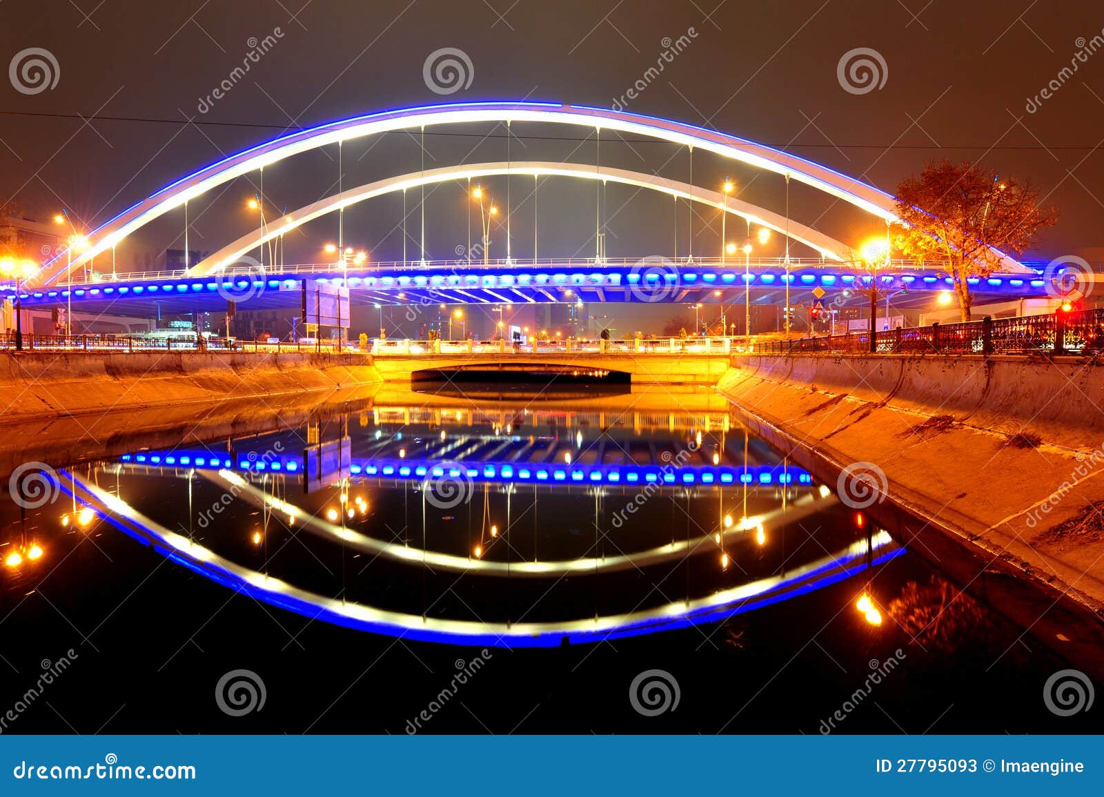 Lit Bridge Over River - Urban Symmetry Stock Image - Image of ...