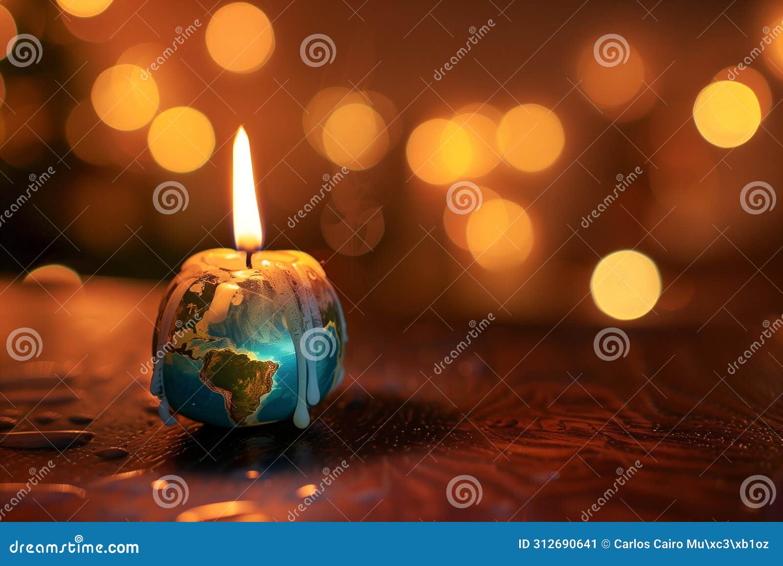 Lit Candle Representing Planet Earth Melting on a Table Stock ...