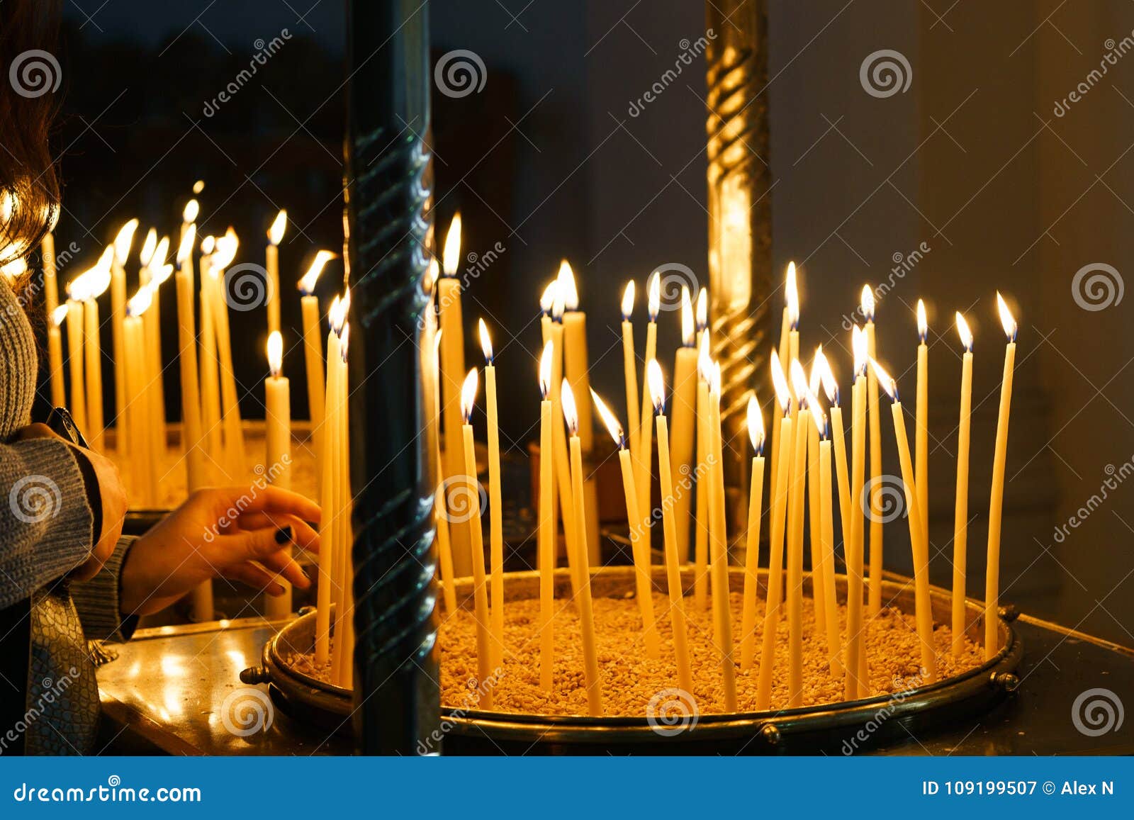Lit Candles in Candlestick at Church Stock Image - Image of light ...