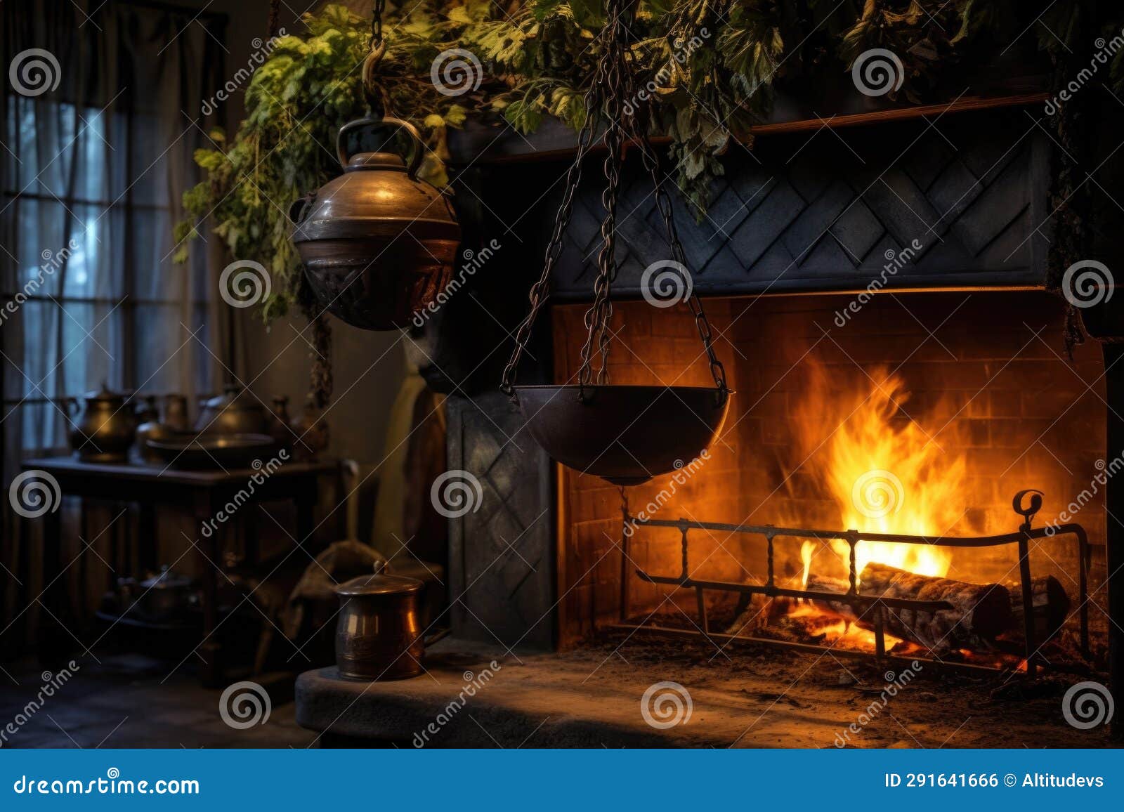 A Lit Fireplace with a Hanging Cast Iron Pot Stock Photo - Image of ...