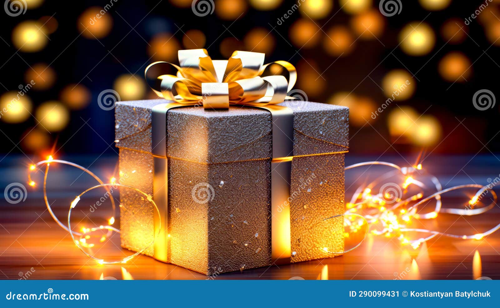 Lit Gift Box with Gold Ribbon and Bow on Top of it. Generative AI Stock ...