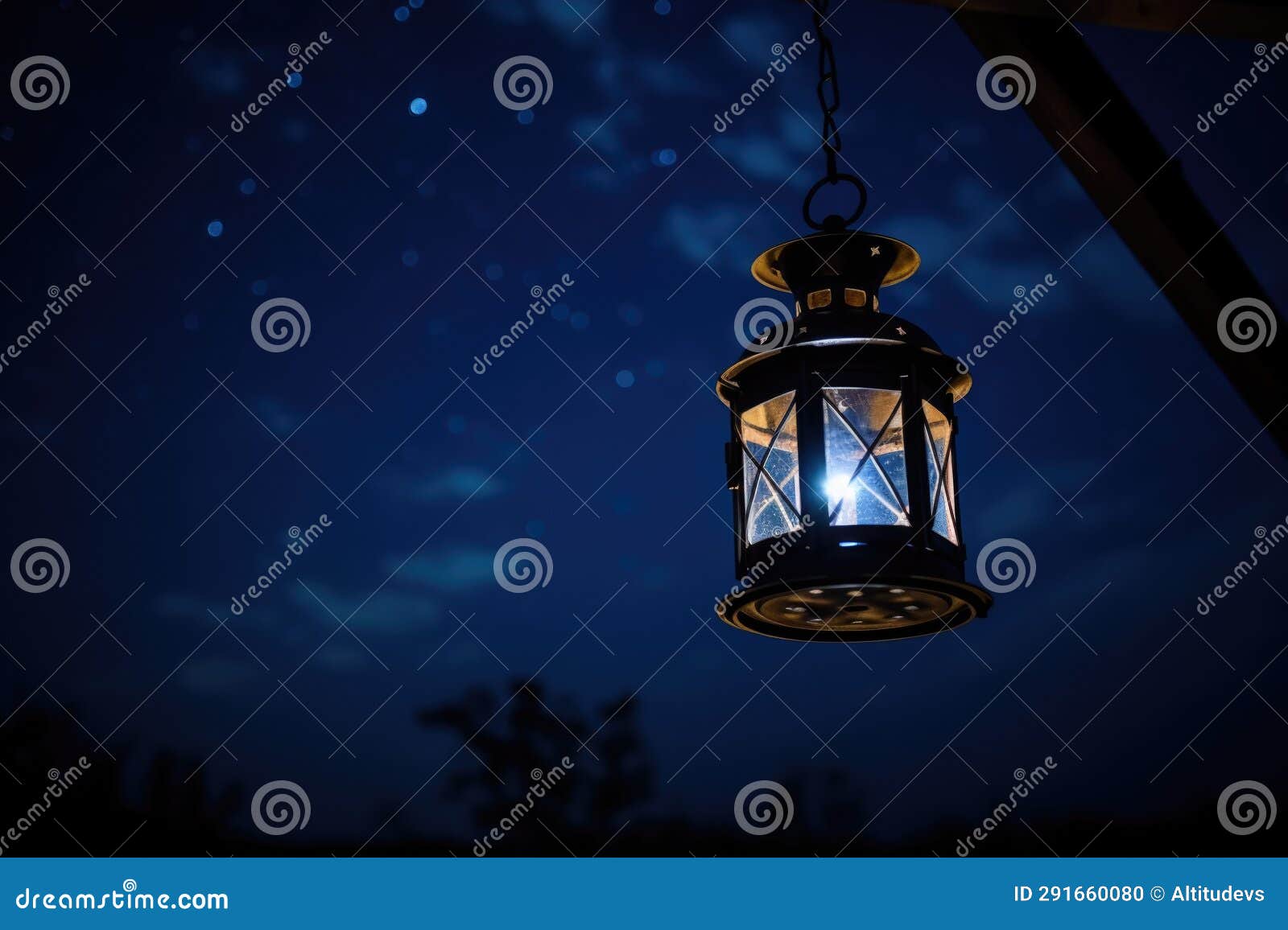 Lit Lantern Against a Dark Blue Night Sky Stock Illustration ...