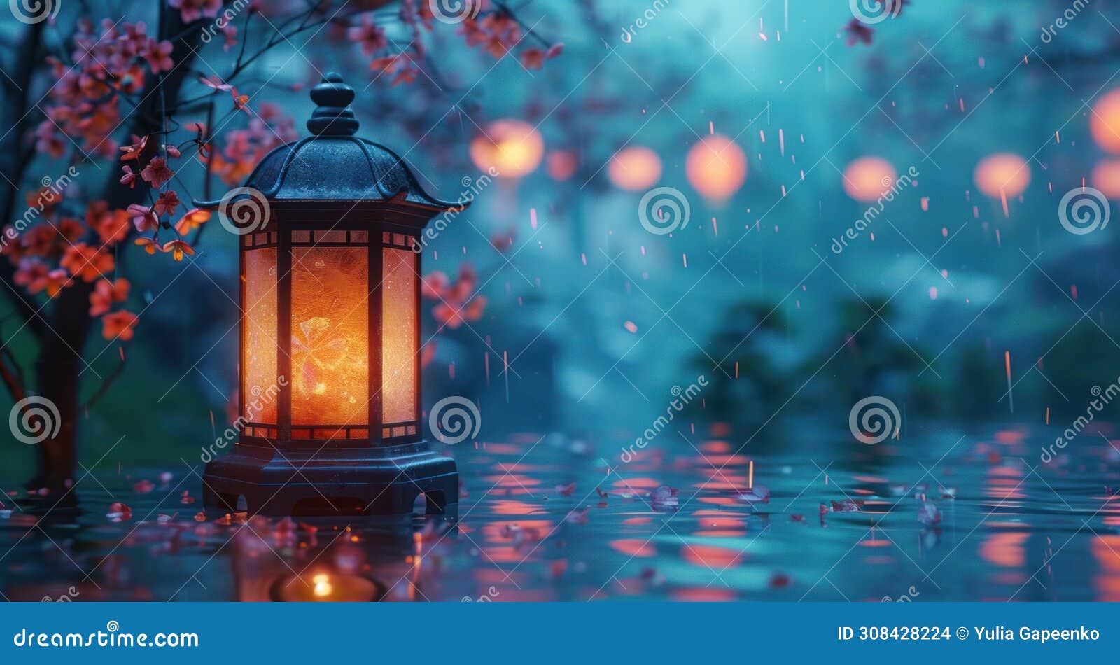 A Lit Lantern Placed on a Table in a Room with Glowing Lights Stock ...