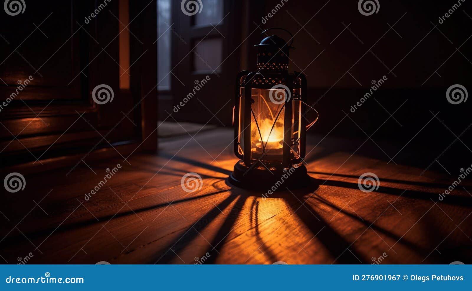A Lit Lantern Sitting on a Wooden Floor in the Dark Stock Illustration ...