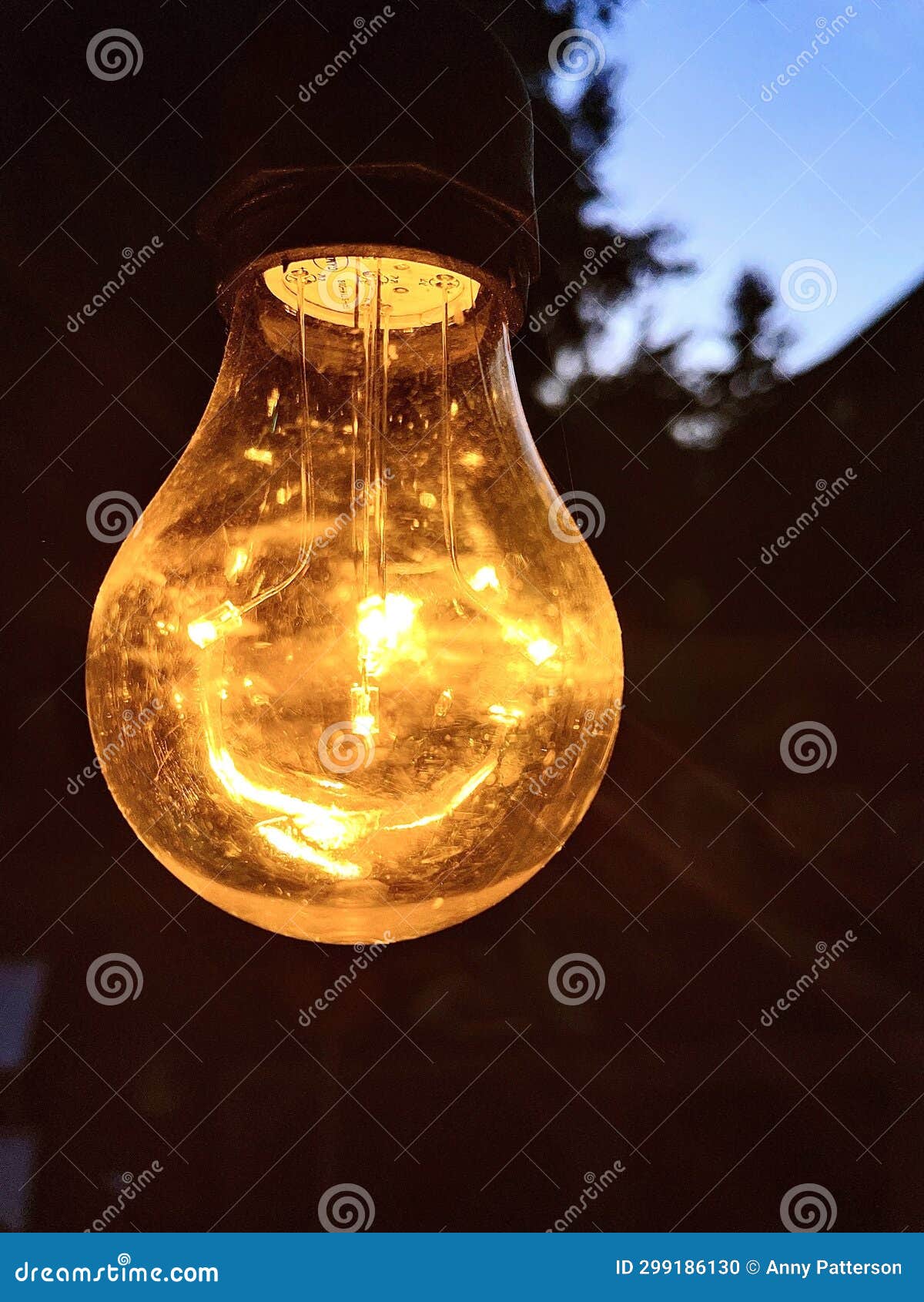 Lit Light bulb at dusk stock photo. Image of turned - 299186130