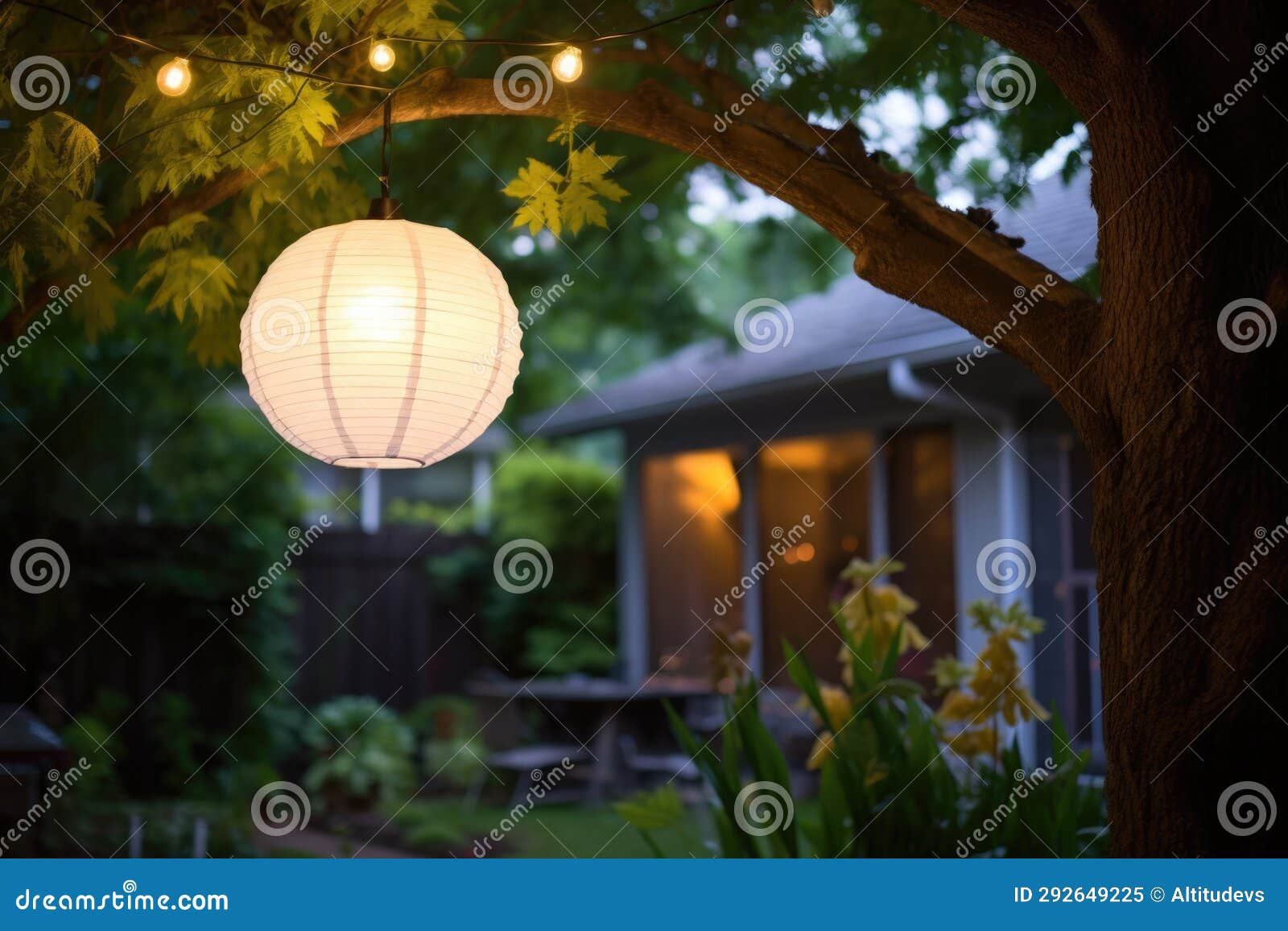 A Lit Paper Lantern Hanging from a Backyard Tree Stock Image - Image of ...