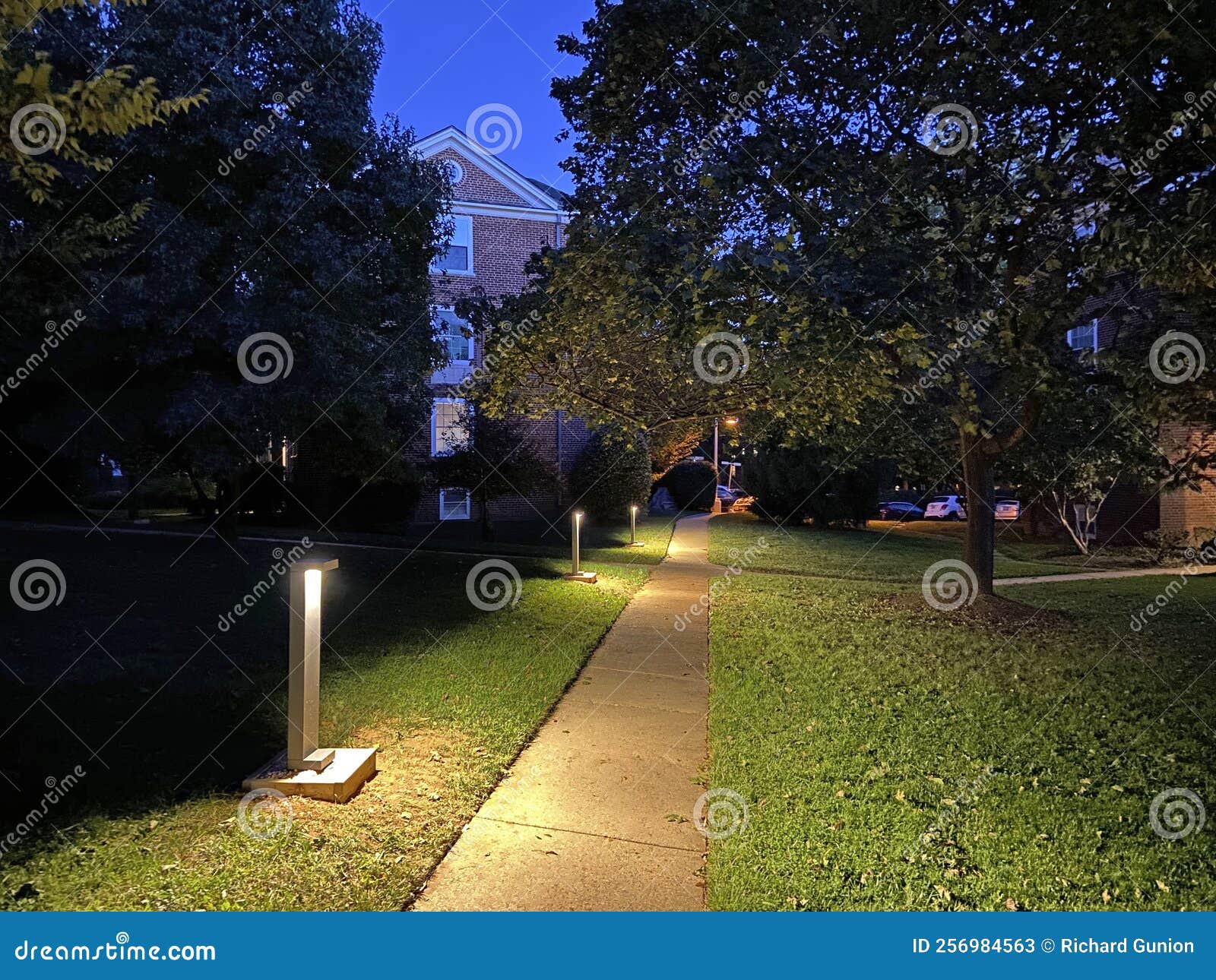 Lit Path at Night in the Neighborhood Stock Image - Image of grass ...