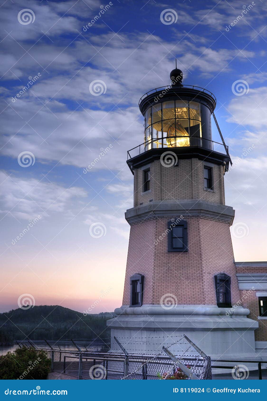 Lit Split Rock Lighthouse and Sunset Stock Photo - Image of split ...