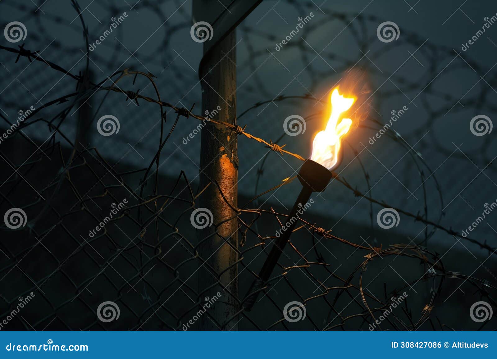 Lit Torch Behind a Barbedwire Fence in the Dark Stock Photo - Image of ...