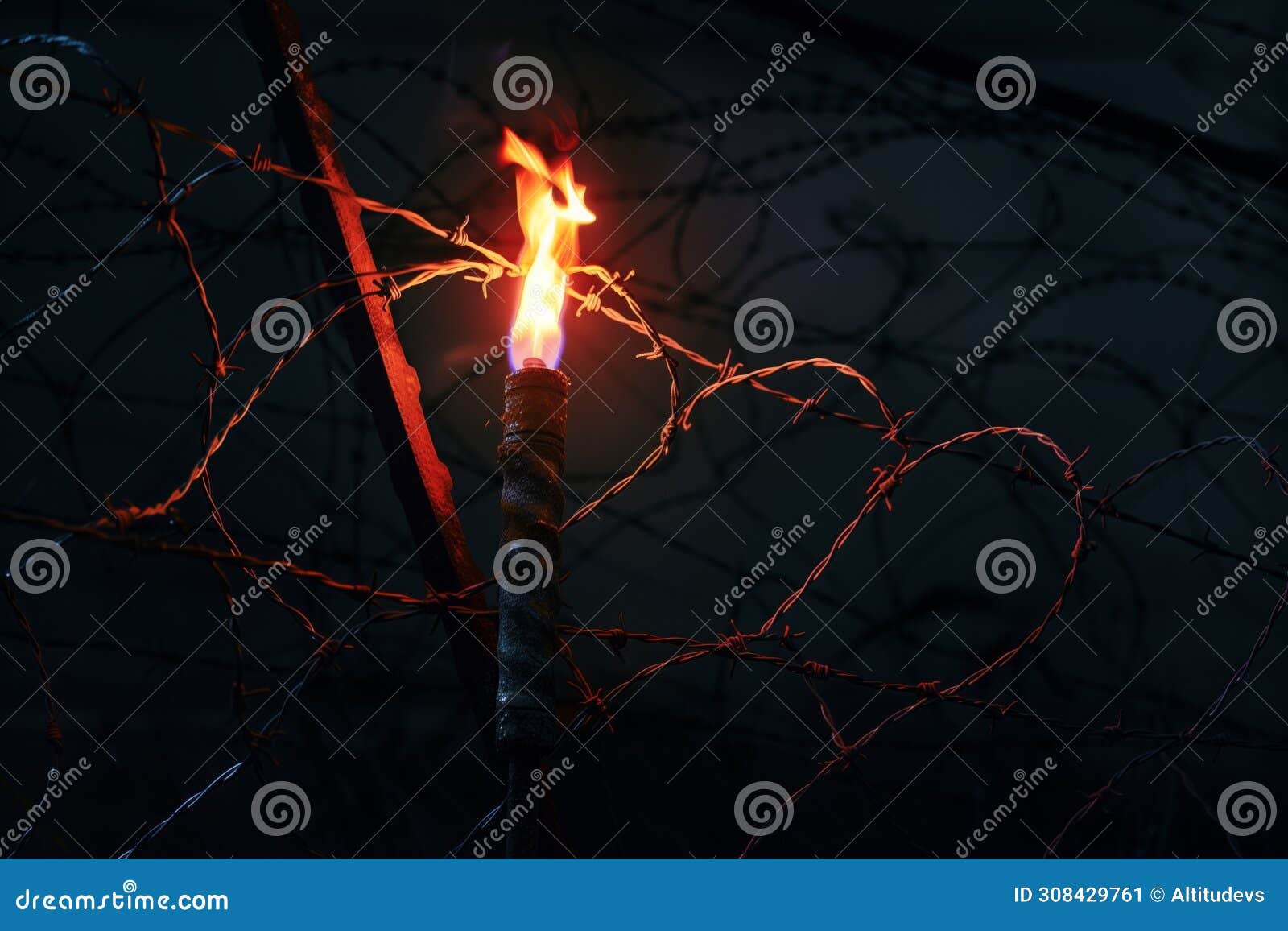 Lit Torch Behind a Barbedwire Fence in the Dark Stock Image - Image of ...