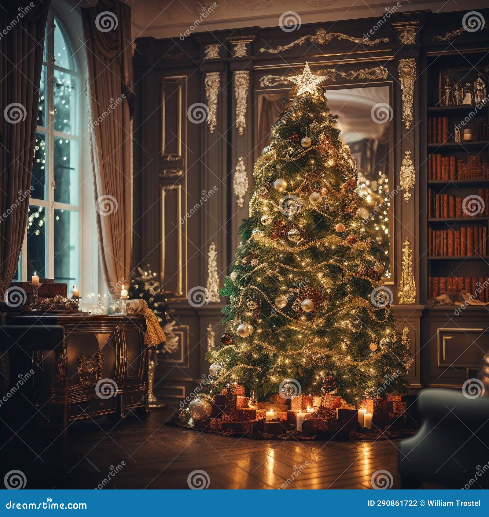 Lit up Christmas tree stock illustration. Illustration of magic - 290861722