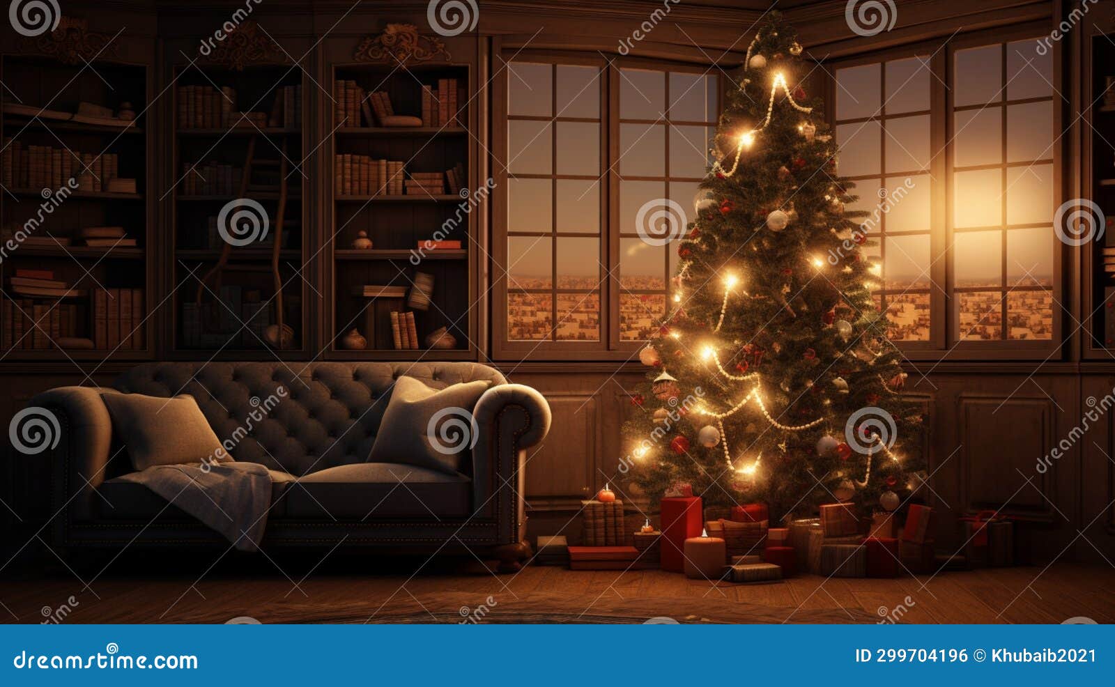 A Lit-up Christmas Tree in a Living Room Stock Illustration ...