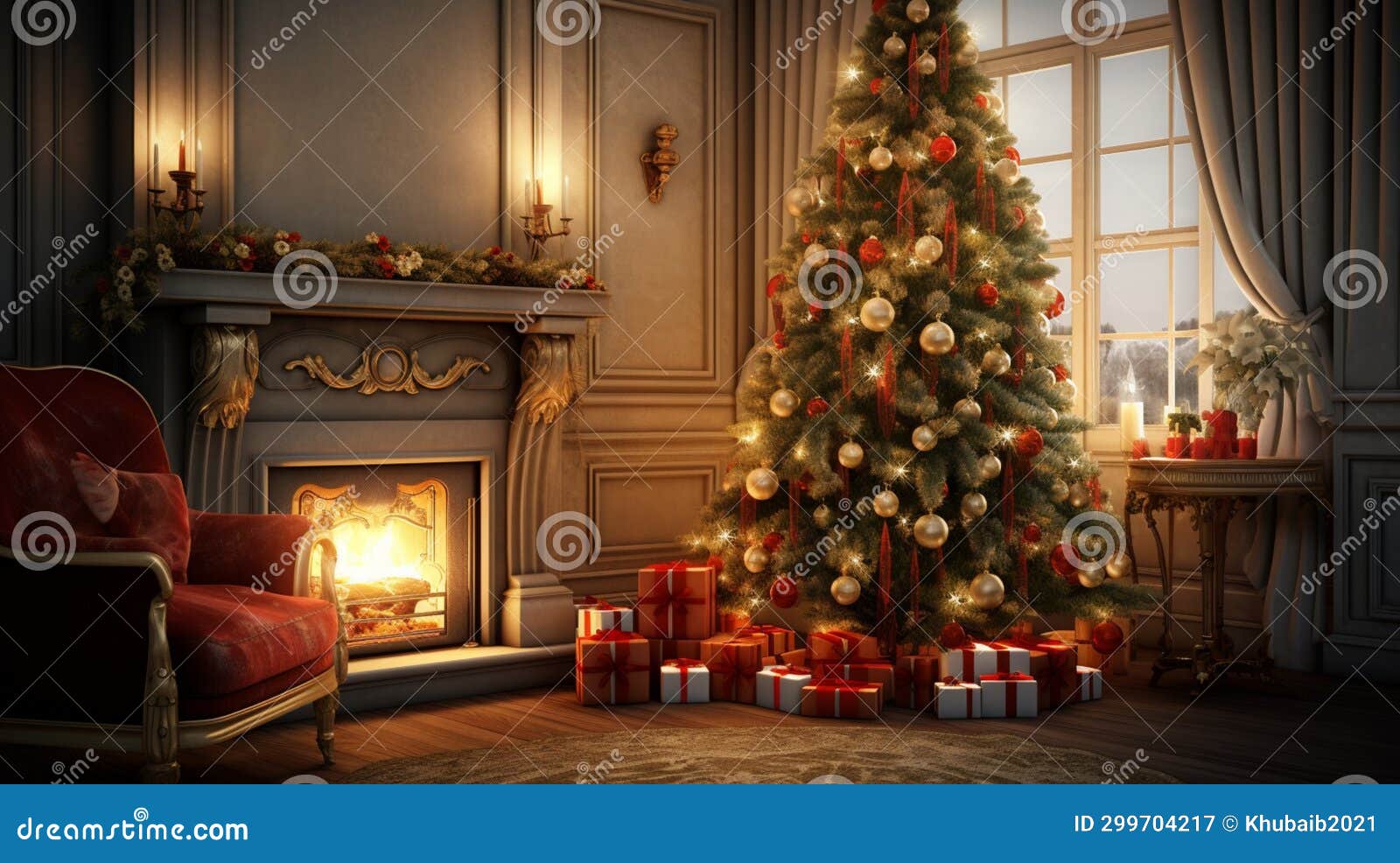 A Lit-up Christmas Tree in a Living Room Stock Illustration ...