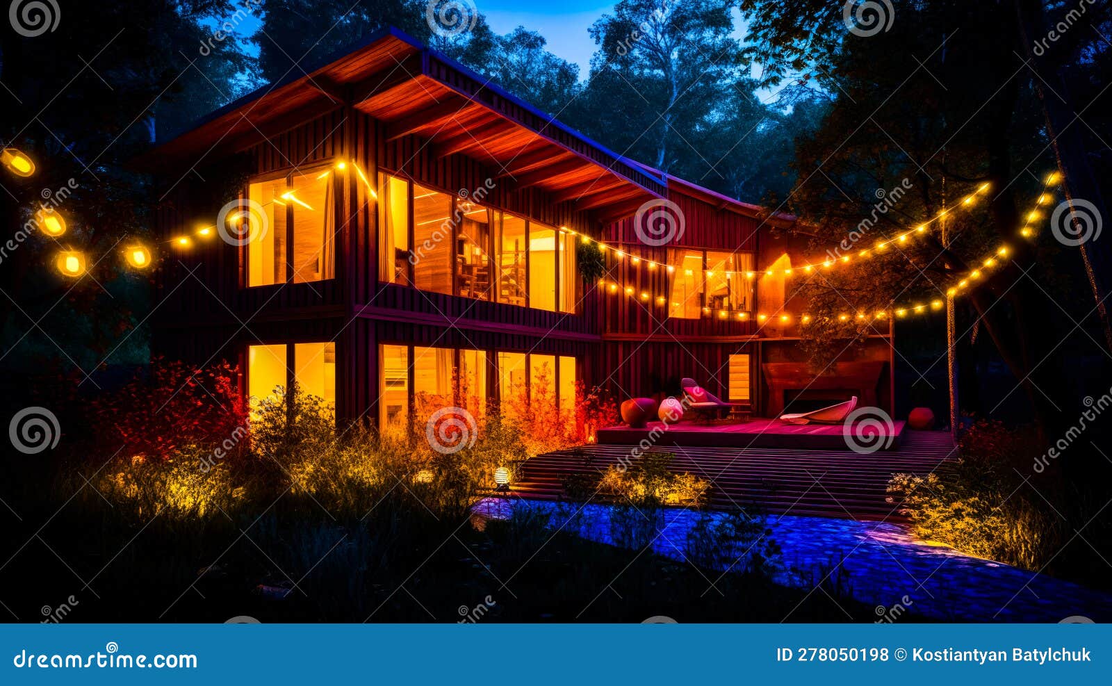 Lit Up House in the Woods at Night with Lights on the Windows ...