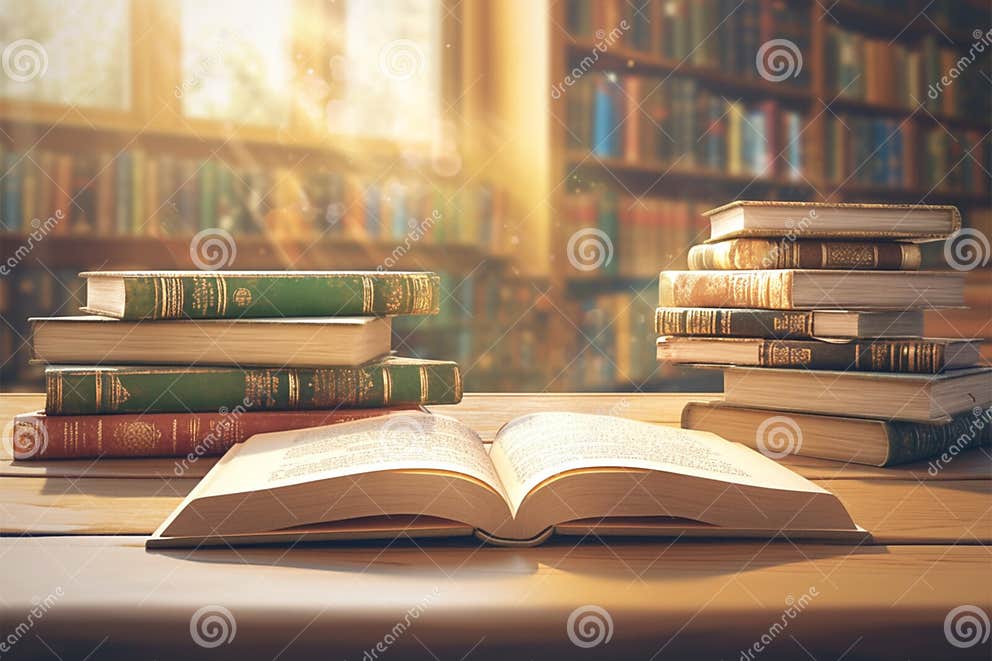 Literary Ambiance Stack of Books on Table in Library Setting Stock ...