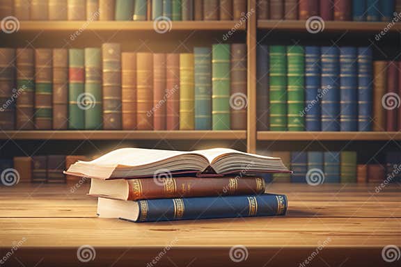 Literary Ambiance Stack of Books on Table in Library Setting Stock ...