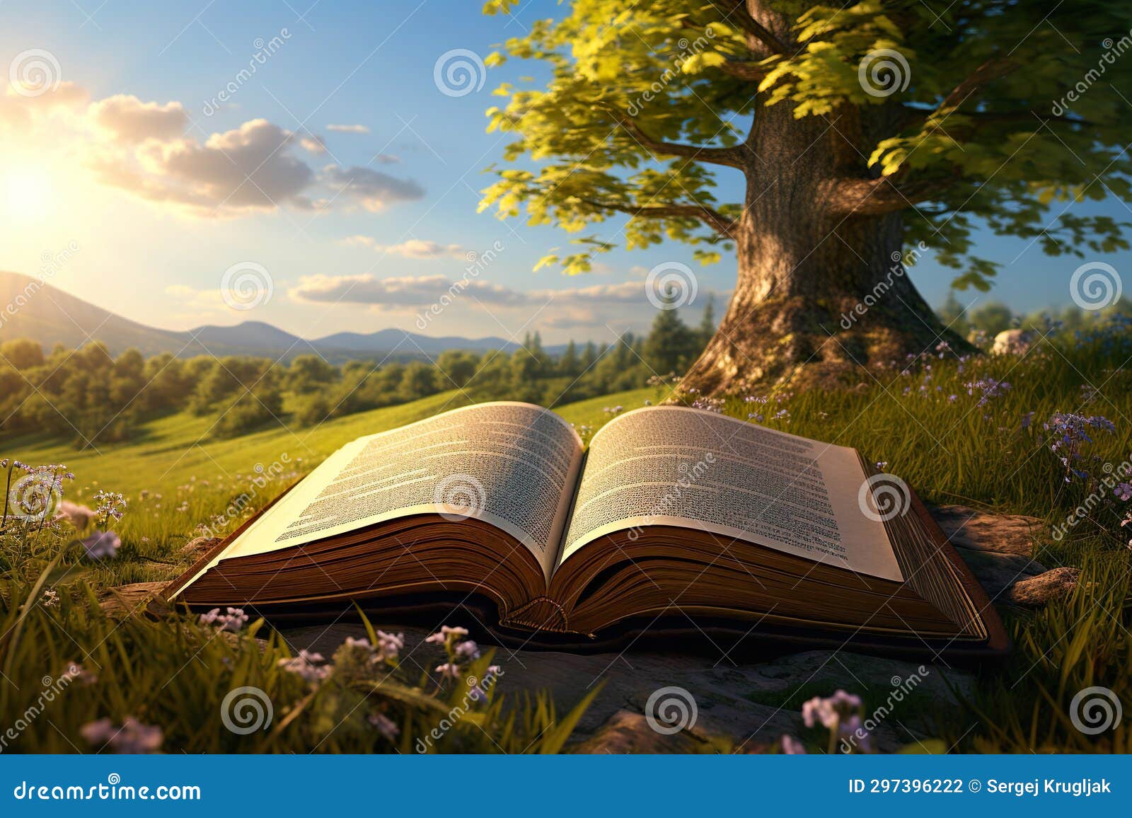 Literary Landscape: Open Book Against a Natural Backdrop Stock ...