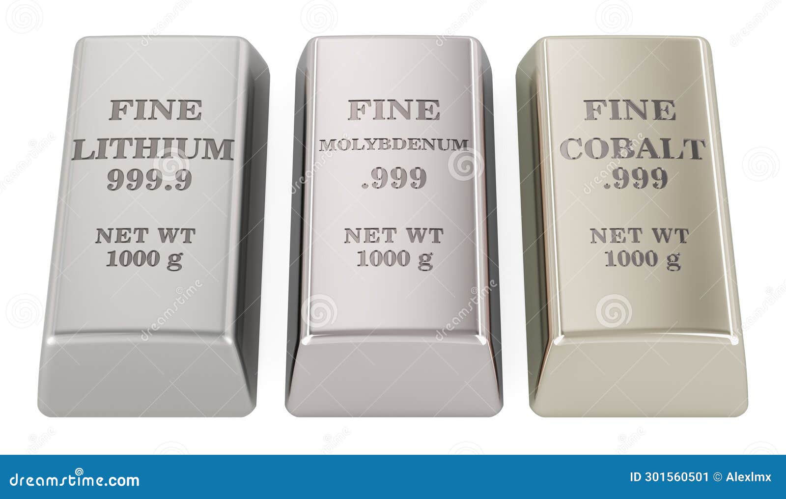 Lithium, Cobalt, Molybdenum Bars, EV Metals Ingots. 3D Rendering ...